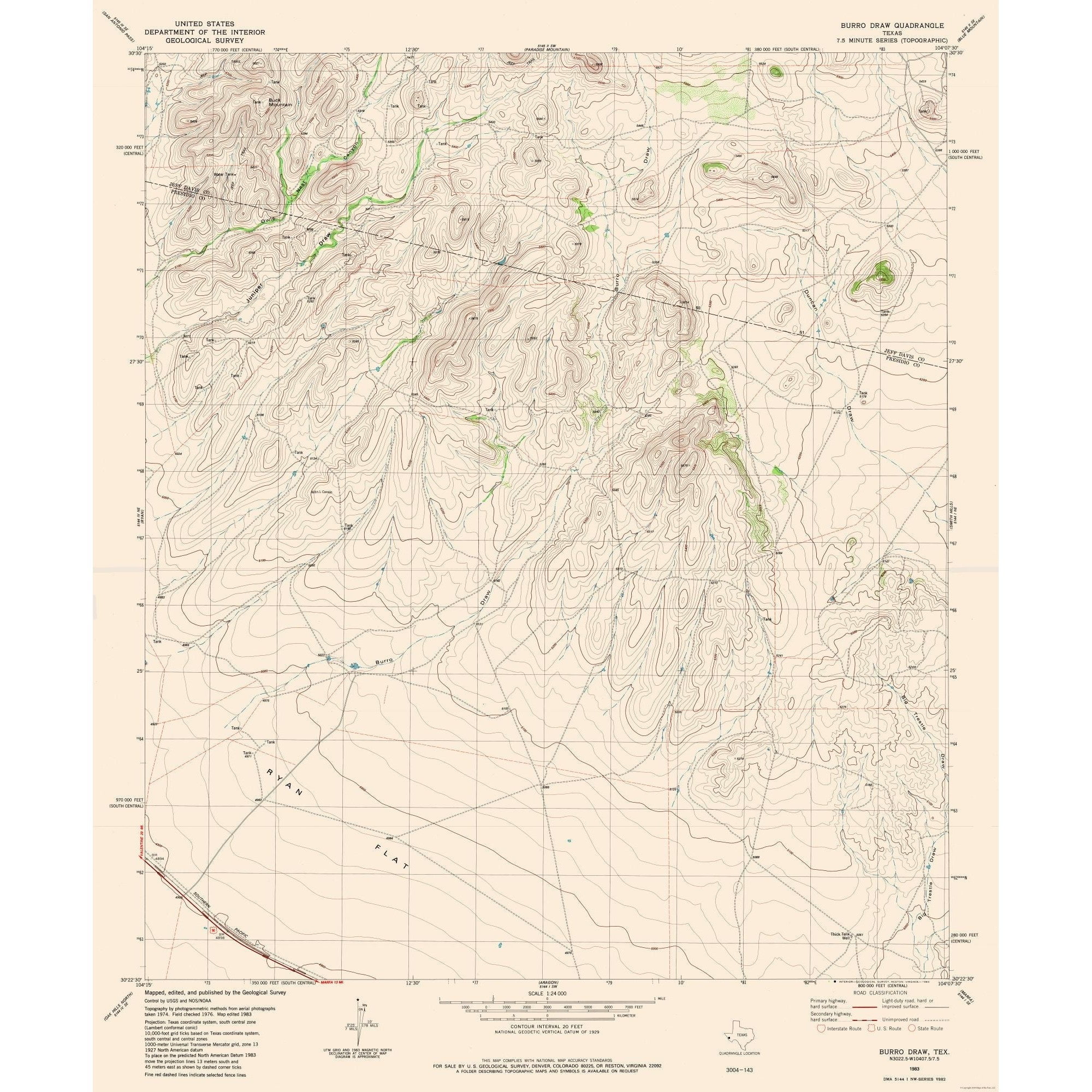 Topographical Map - Burro Draw Texas Quad - USGS 1983 - 23 x 27.73 ...
