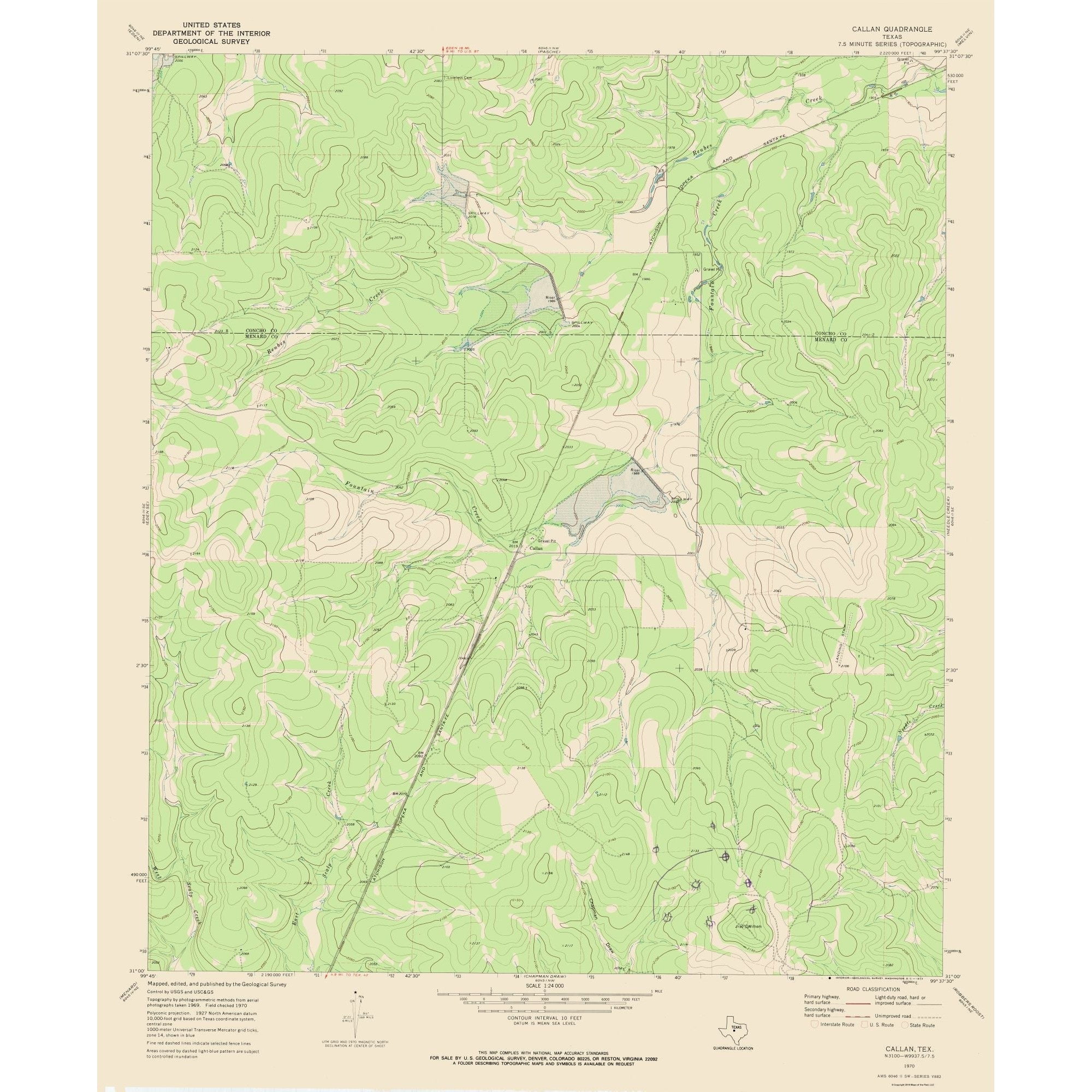 Topographical Map - Callan Texas Quad - USGS 1970 - 23 x 28 - Vintage ...