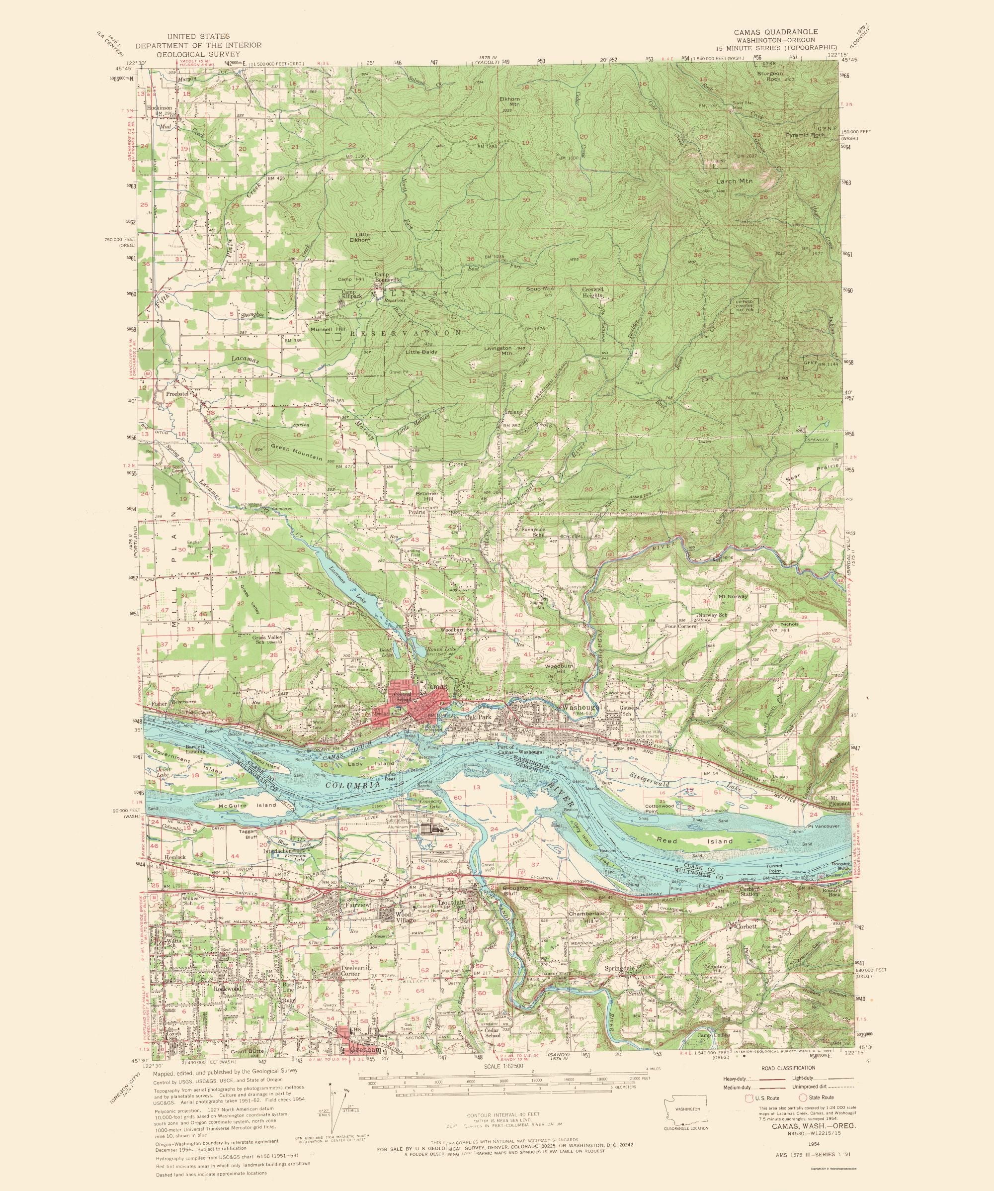 Topographical Map - Camas Washington Oregon Quad - USGS 1966 - 23 x 27. ...
