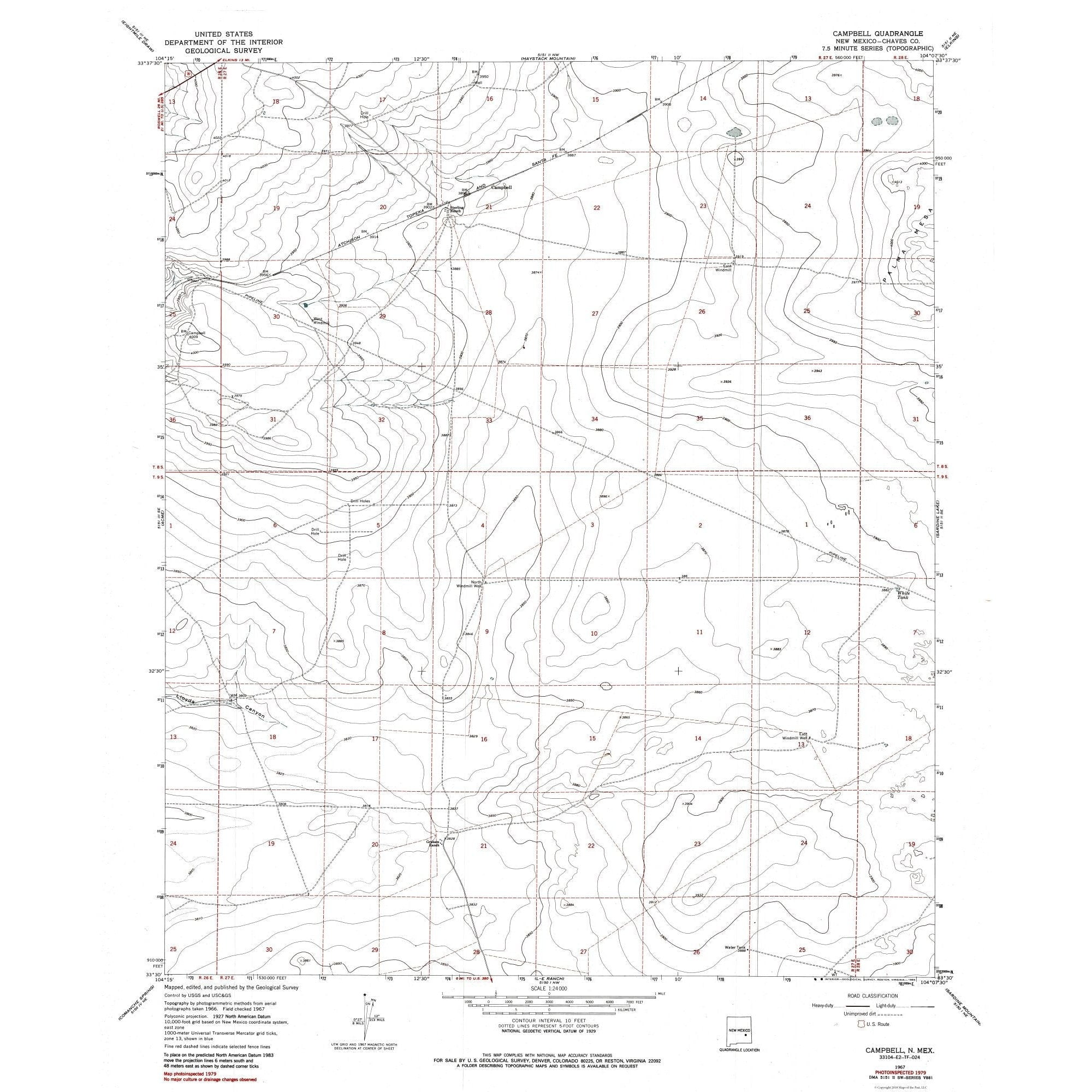 Topographical Map - Campbell New Mexico Quad - USGS 1967 - Vintage Wall ...