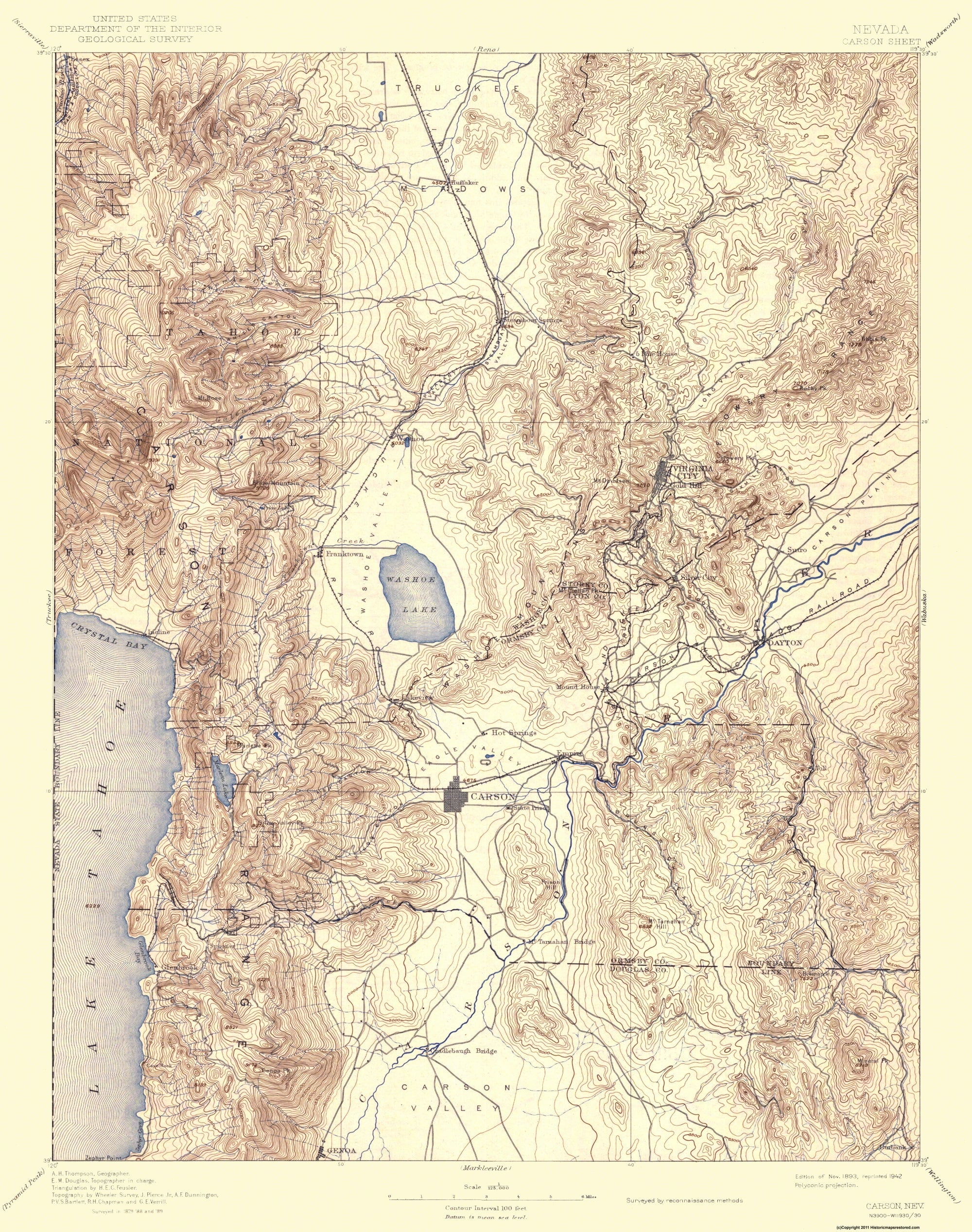 Topographical Map - Carson Nevada Sheet - USGS 1893 - 23 x 29.15 ...