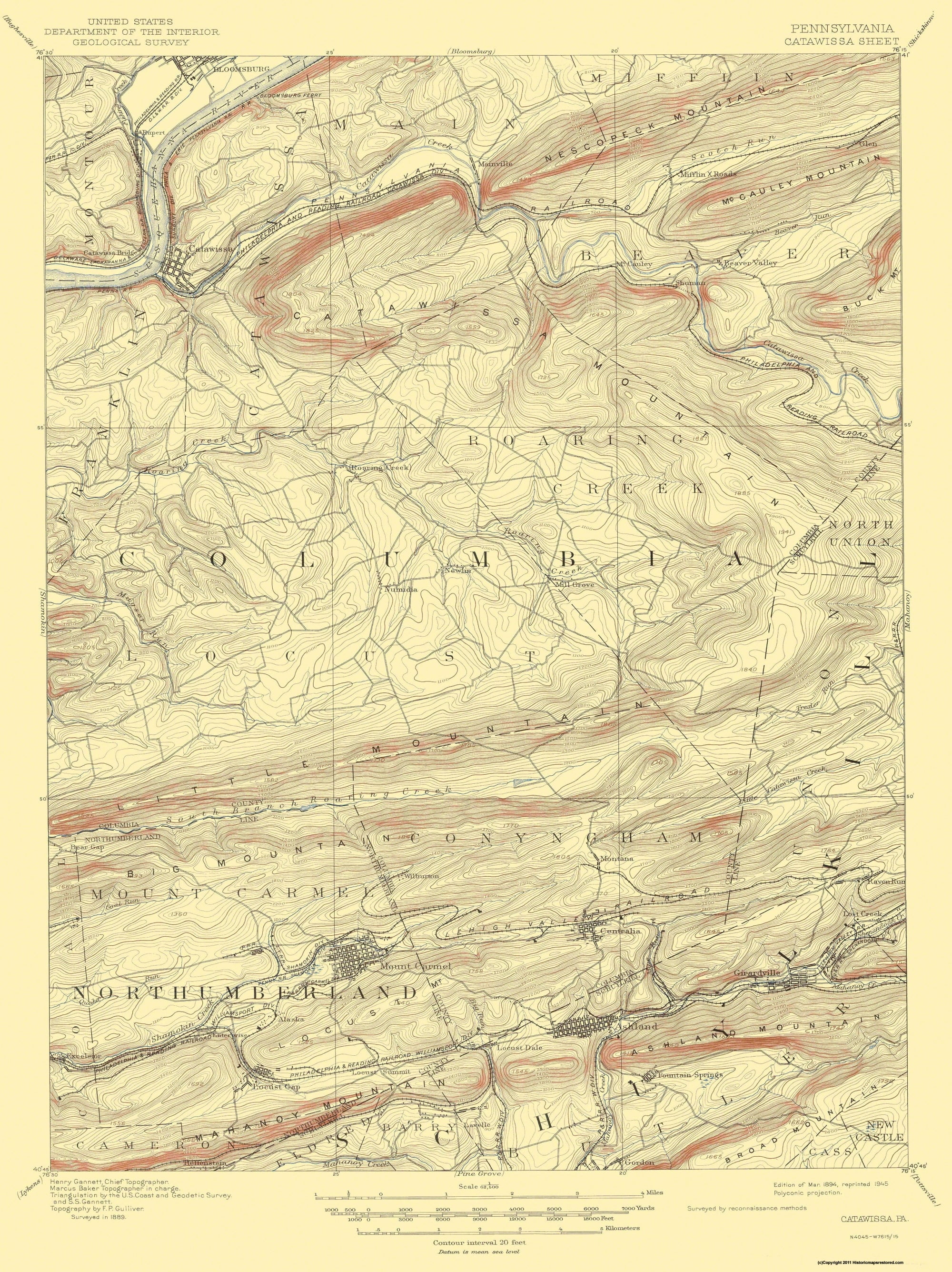 Topographical Map - Catawissa Pennsylvania Quad - USGS 1894 - 23 x 30. ...
