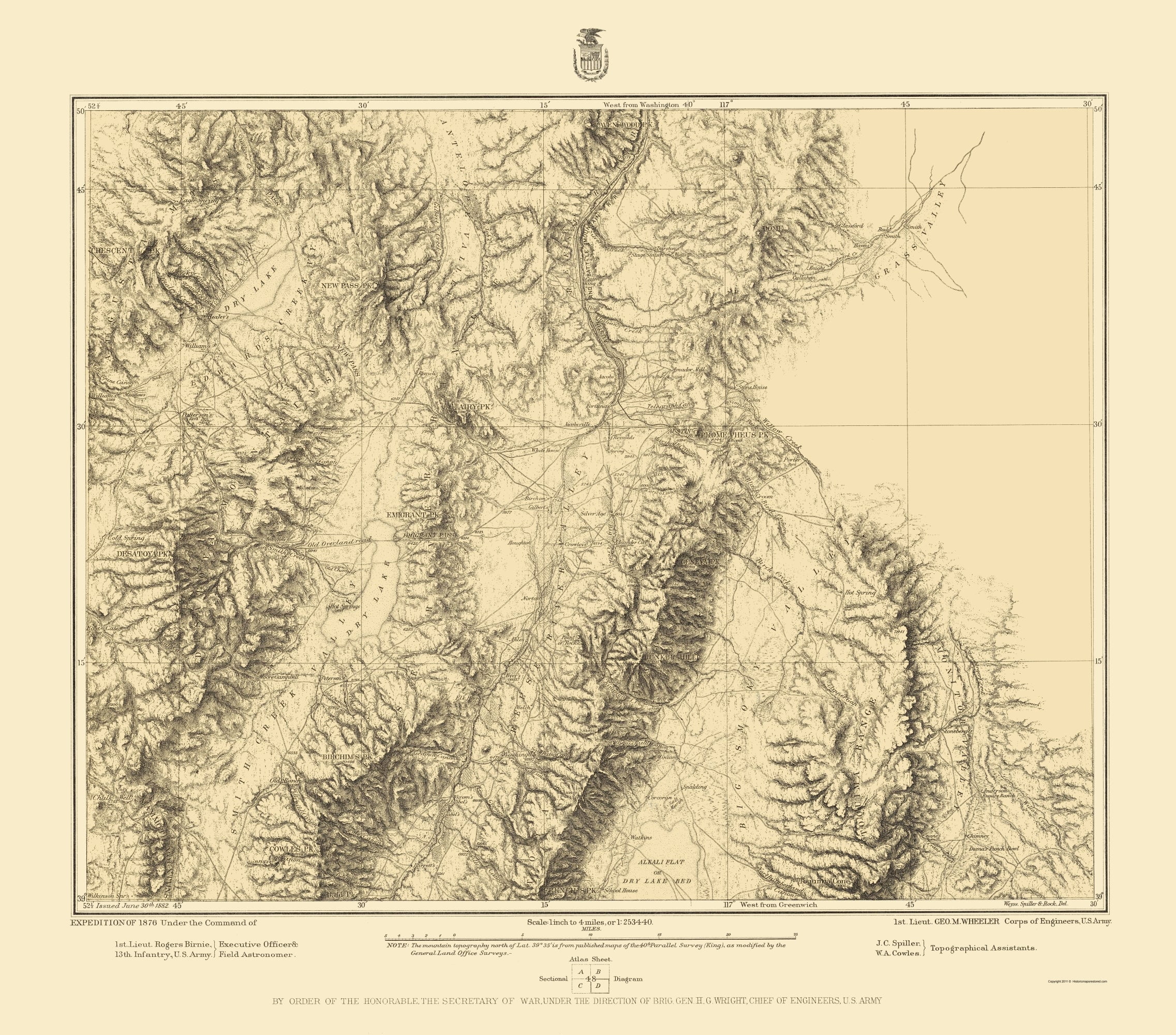Topographical Map - Central Nevada Geographical Sheet - US Army 1882 - 23 x 26.14 - Vintage Wall ...
