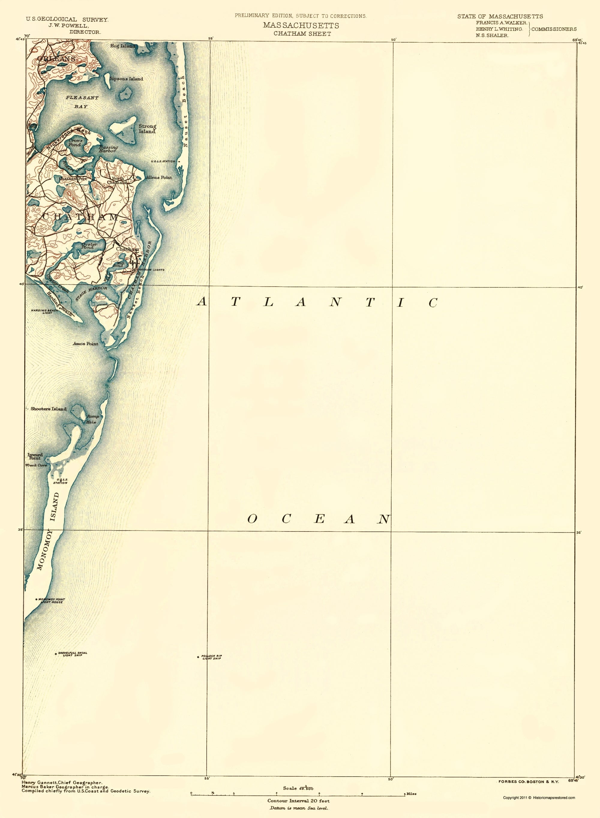 Topographical Map - Chatham Massachusetts Sheet - USGS 1890 - 23 x 31. ...