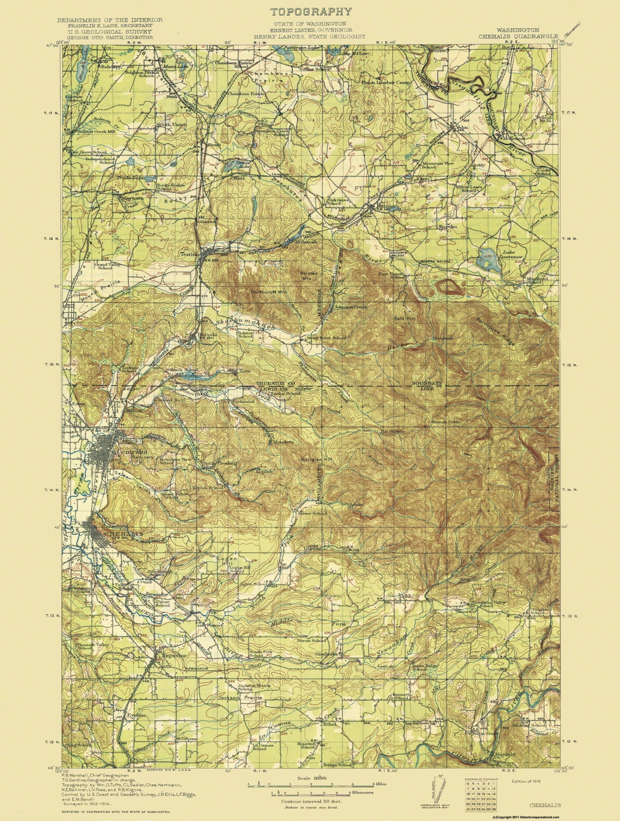 Topographical Map - Chehalis Washington Quad - USGS 1916 - 23 x 30.43 ...