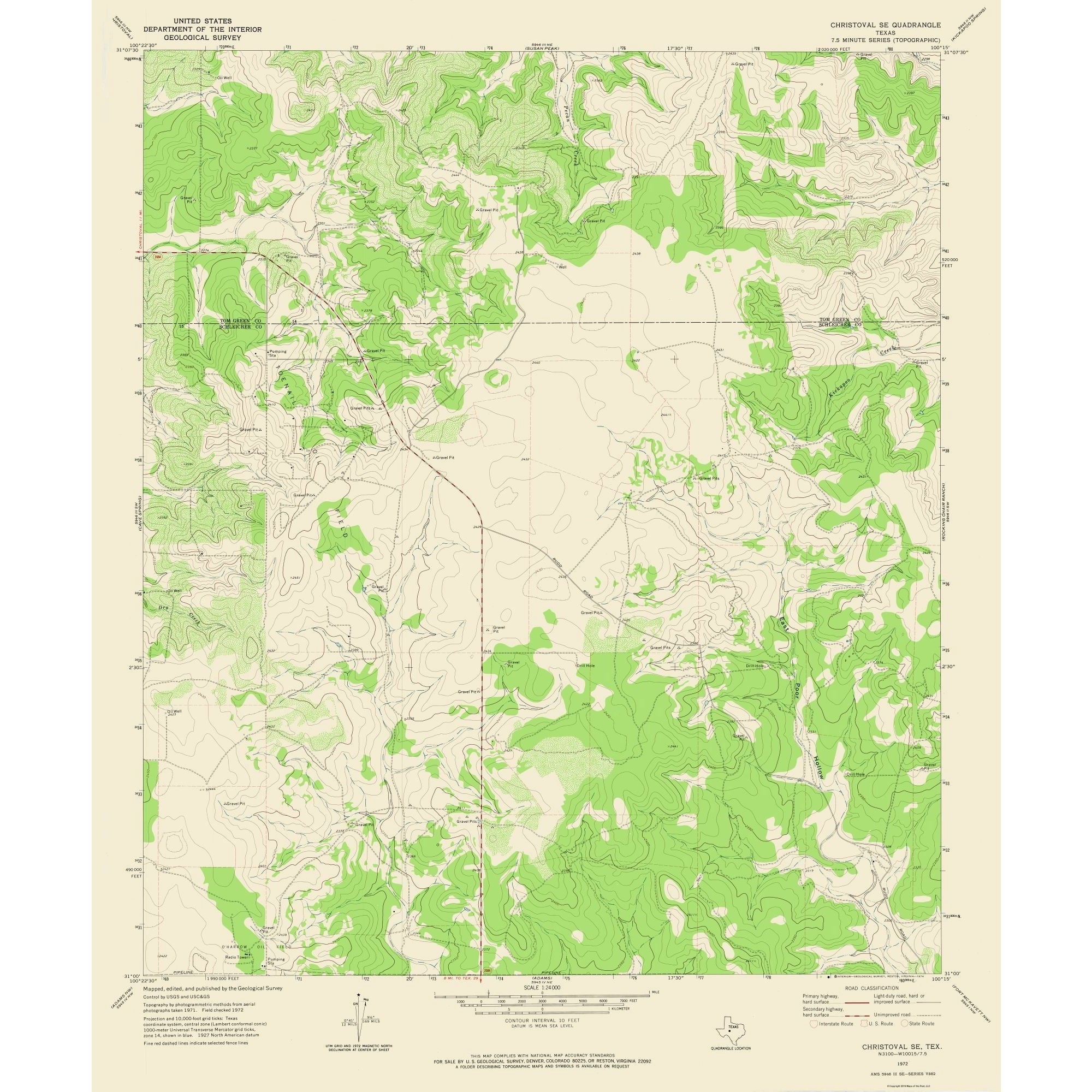 Topographical Map - Christoval Texas South East Quad - USGS 1972 - 23 x ...