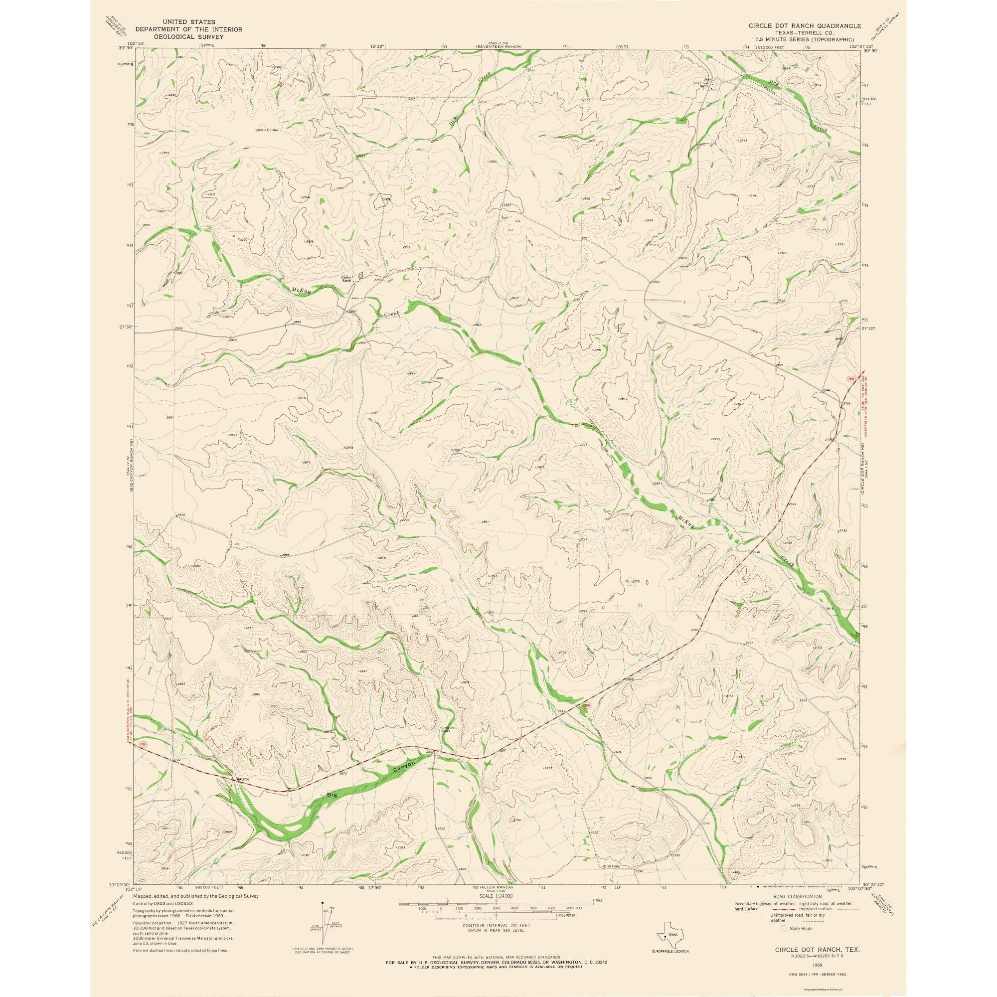 Topographical Map - Circle Dot Ranch Texas Quad - USGS 1969 - 23 x 28. ...