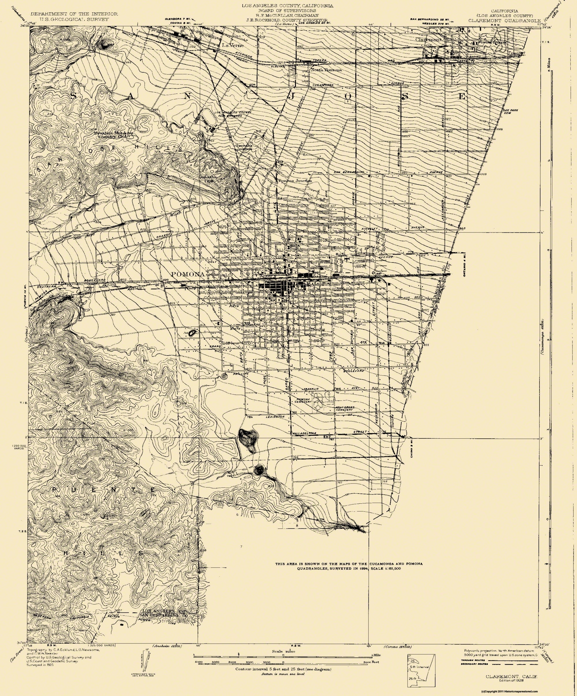 Topographical Map - Claremont California Quad - USGS 1928 - 23 x 27.71 ...