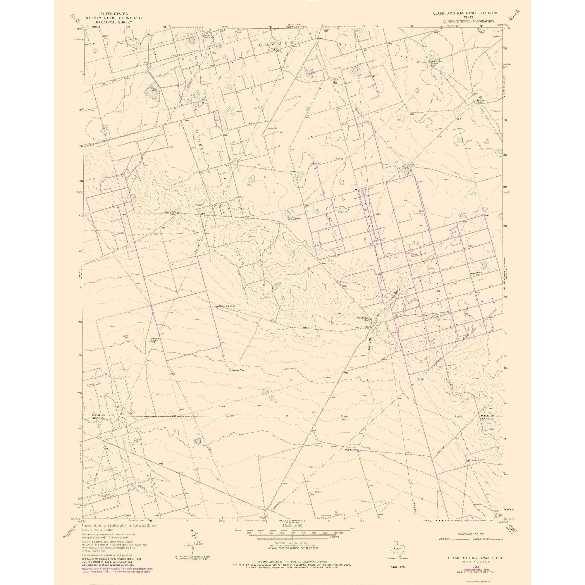 Topographical Map - Clark Brothers Ranch Texas Quad - USGS 1981 - 23 x ...
