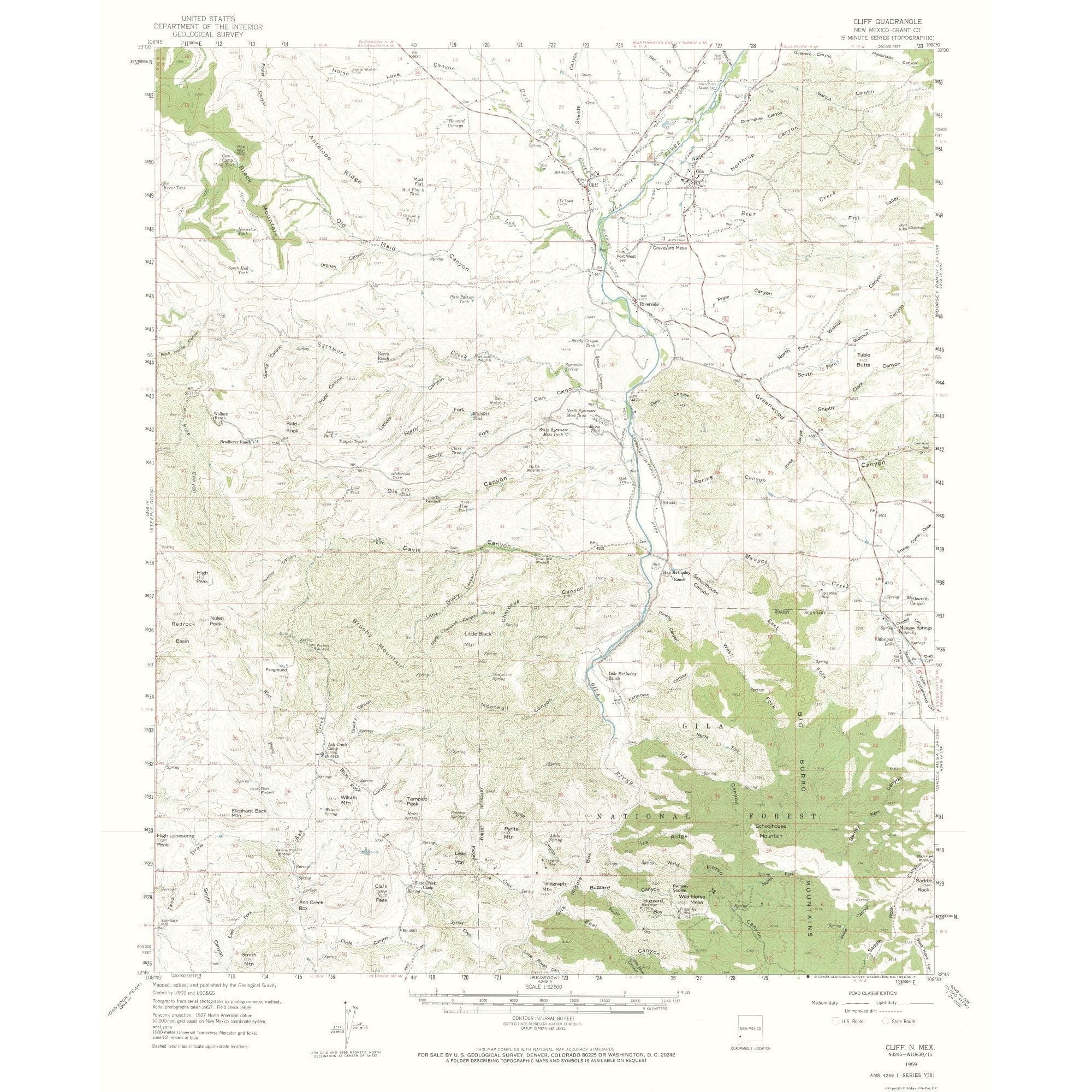 Topographical Map - Cliff New Mexico Quad - USGS 1959 - 23 x 28.26 ...