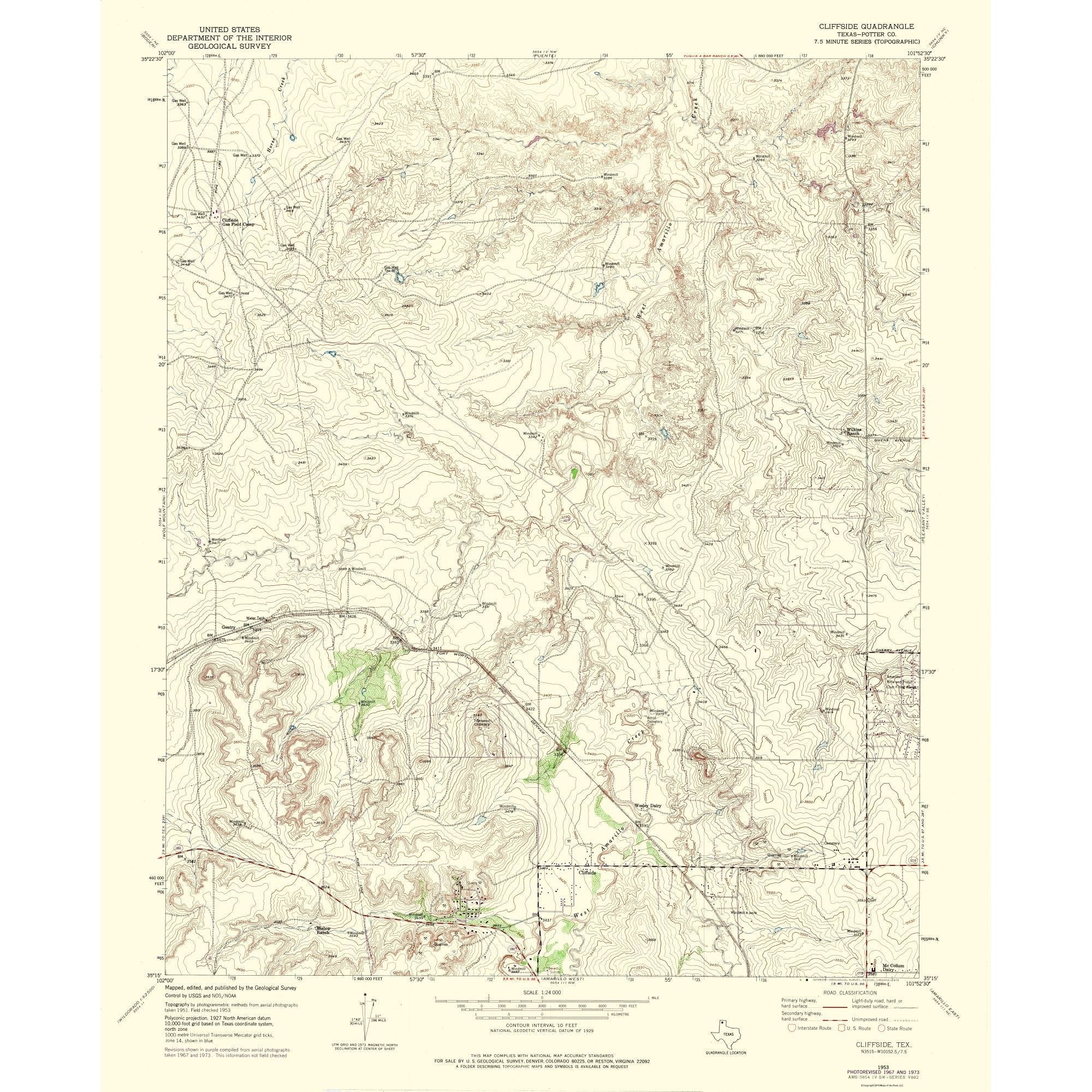 Topographical Map - Cliffside Texas Quad - USGS 1973 - 23 x 28.20 ...