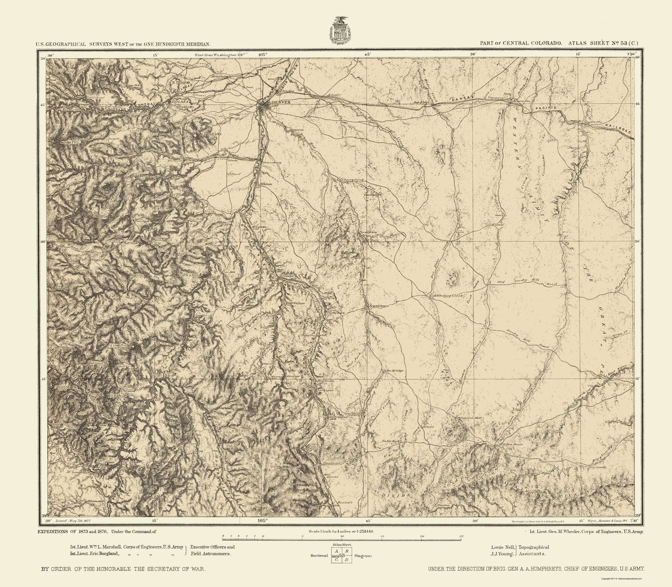 Topographical Map - Colorado Central Sheet - US Army 1876 - 23 x 26.33 ...