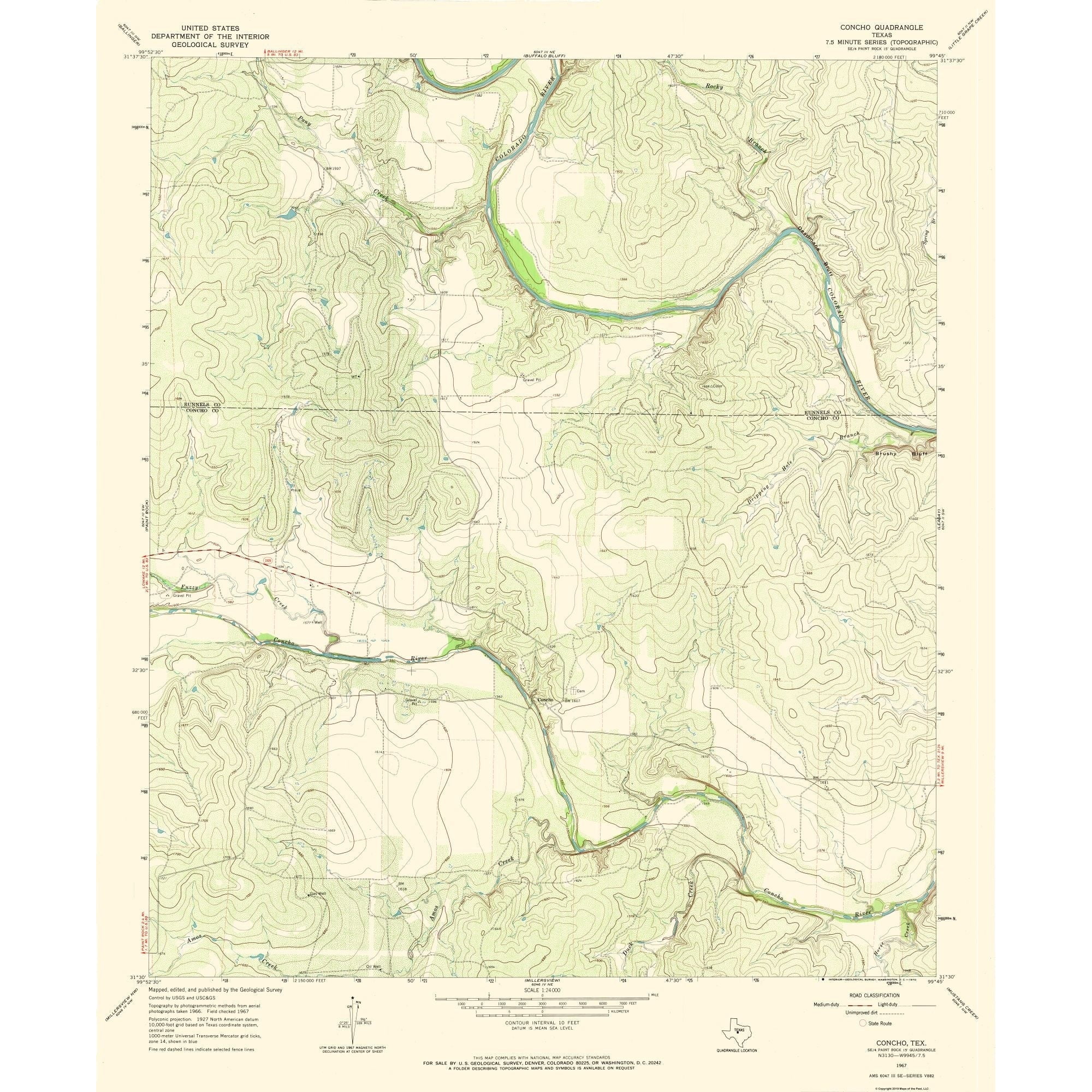 Topographical Map - Concho Texas Quad - USGS 1967 - 23 x 27.93 ...