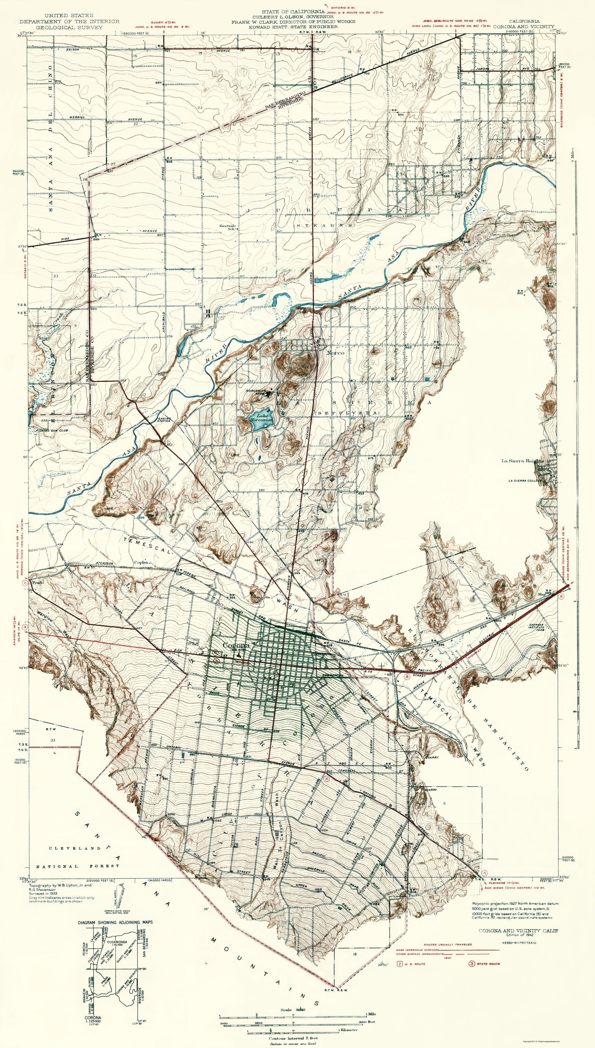 Topographical Map - Corona Vicinity California - USGS 1942 - 23 x 40.49 ...