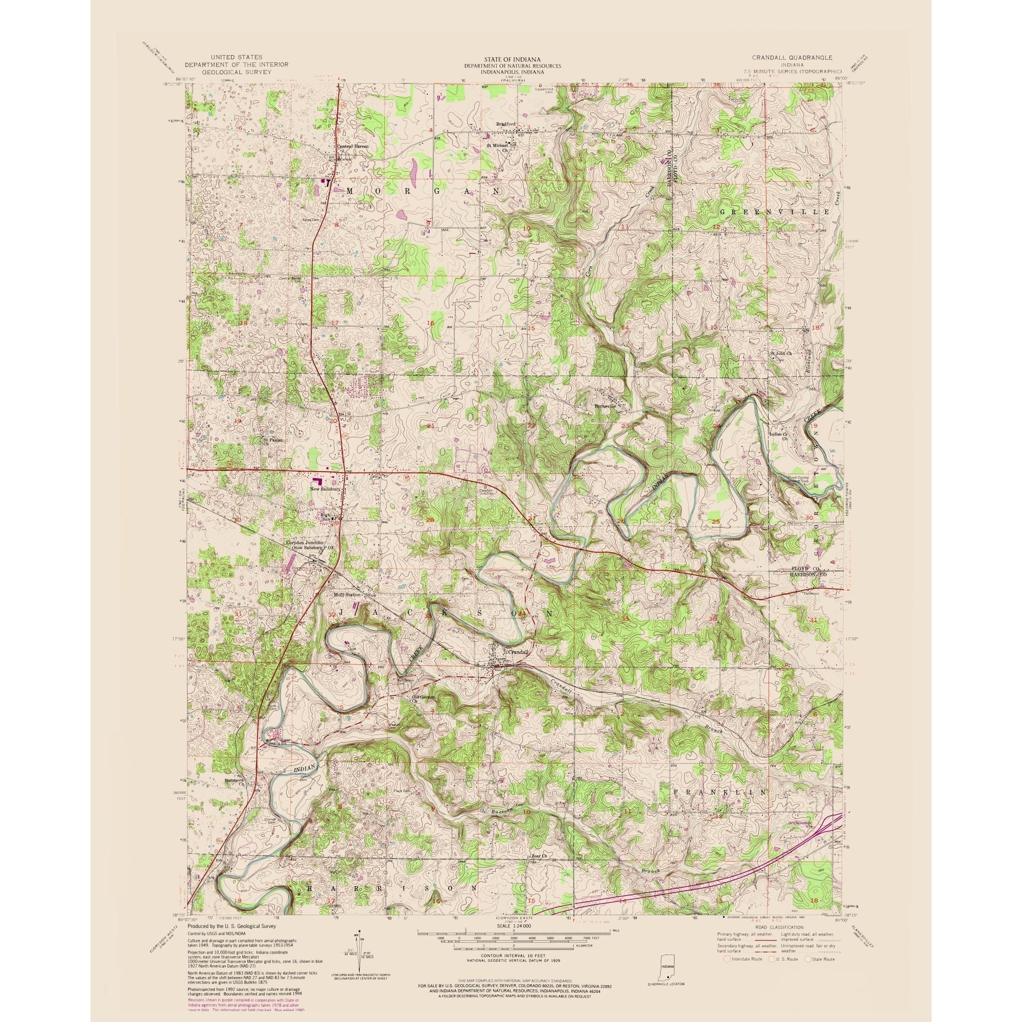 Topographical Map - Crandall Indiana Quad - USGS 1954 - 23 x 27.95 ...