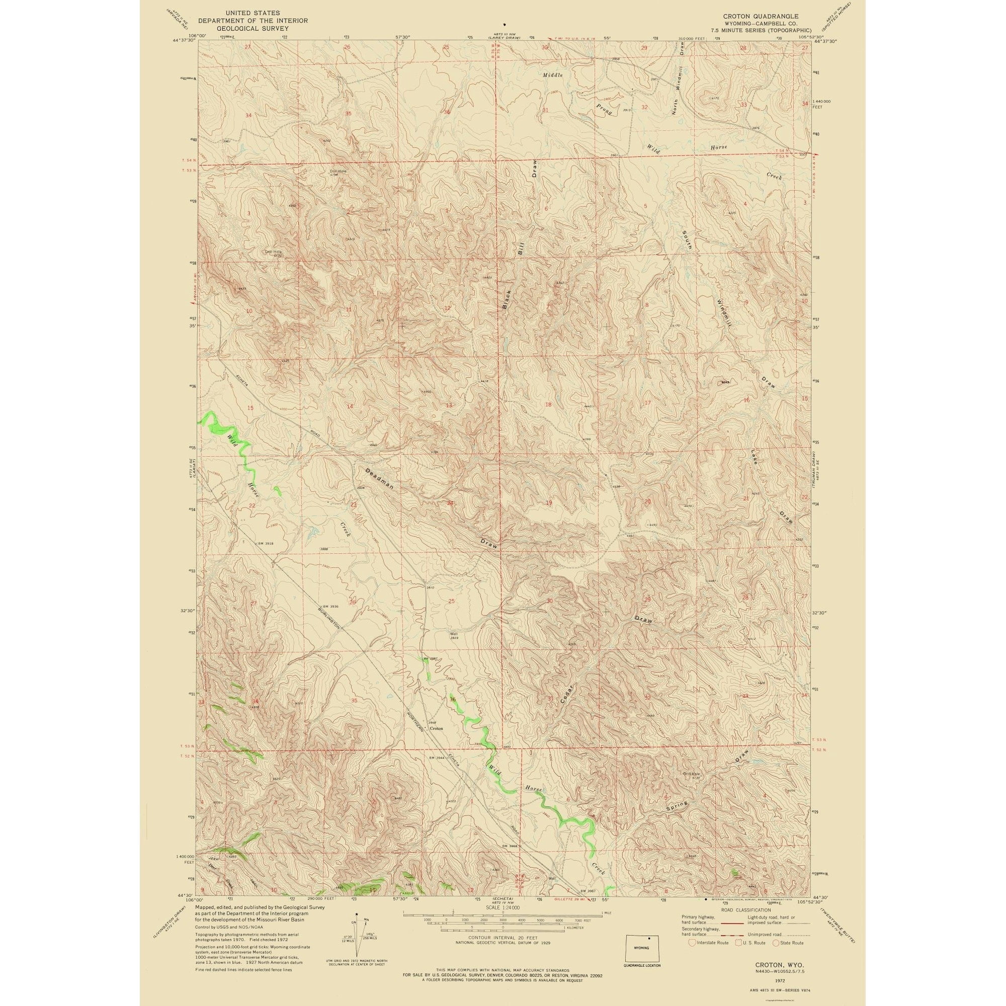 Topographical Map - Croton Wyoming Quad - USGS 1972 - 23 x 31.87 ...