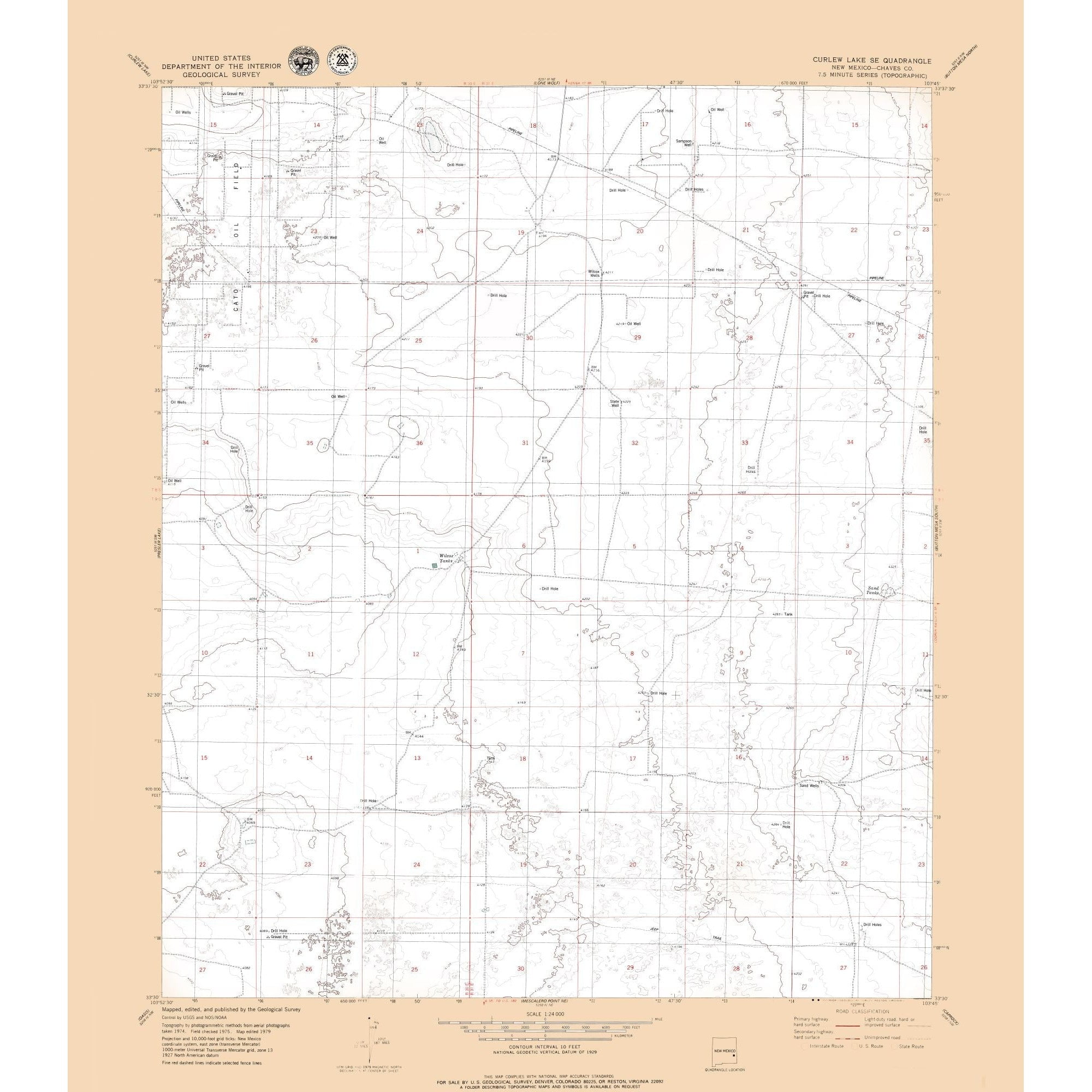 Topographical Map - Curlew Lake New Mexico Quad - USGS 1979 - 23 x 26. ...