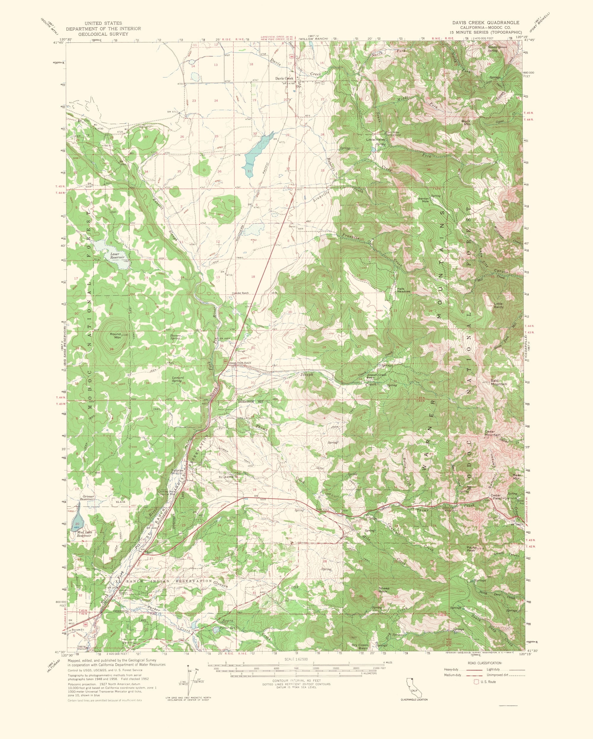 Topographical Map - Davis Creek California Quad - USGS 1964 - 23 x 28. ...