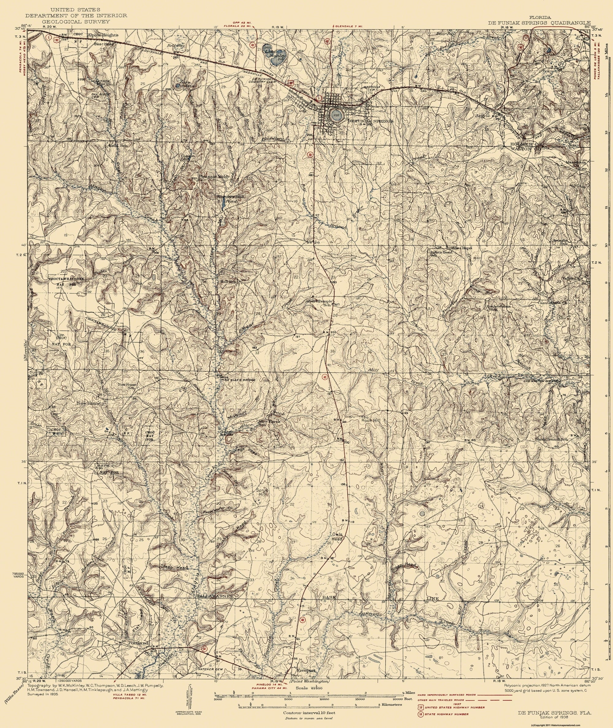 Topographical Map - De Funiak Springs Florida Quad - USGS 1938 - 23 x ...