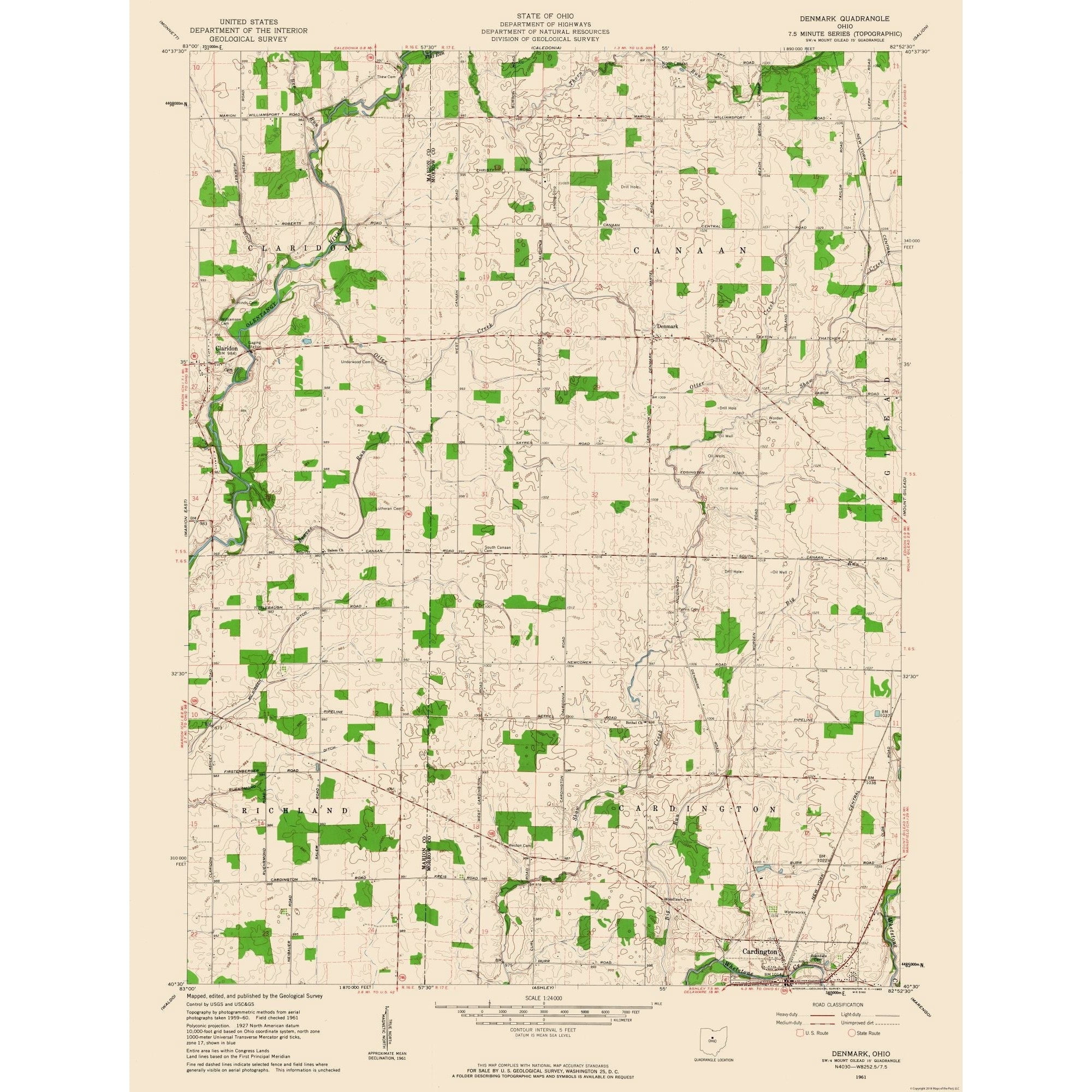 Topographical Map - Denmark Ohio Quad - USGS 1961 - Vintage Wall Art ...