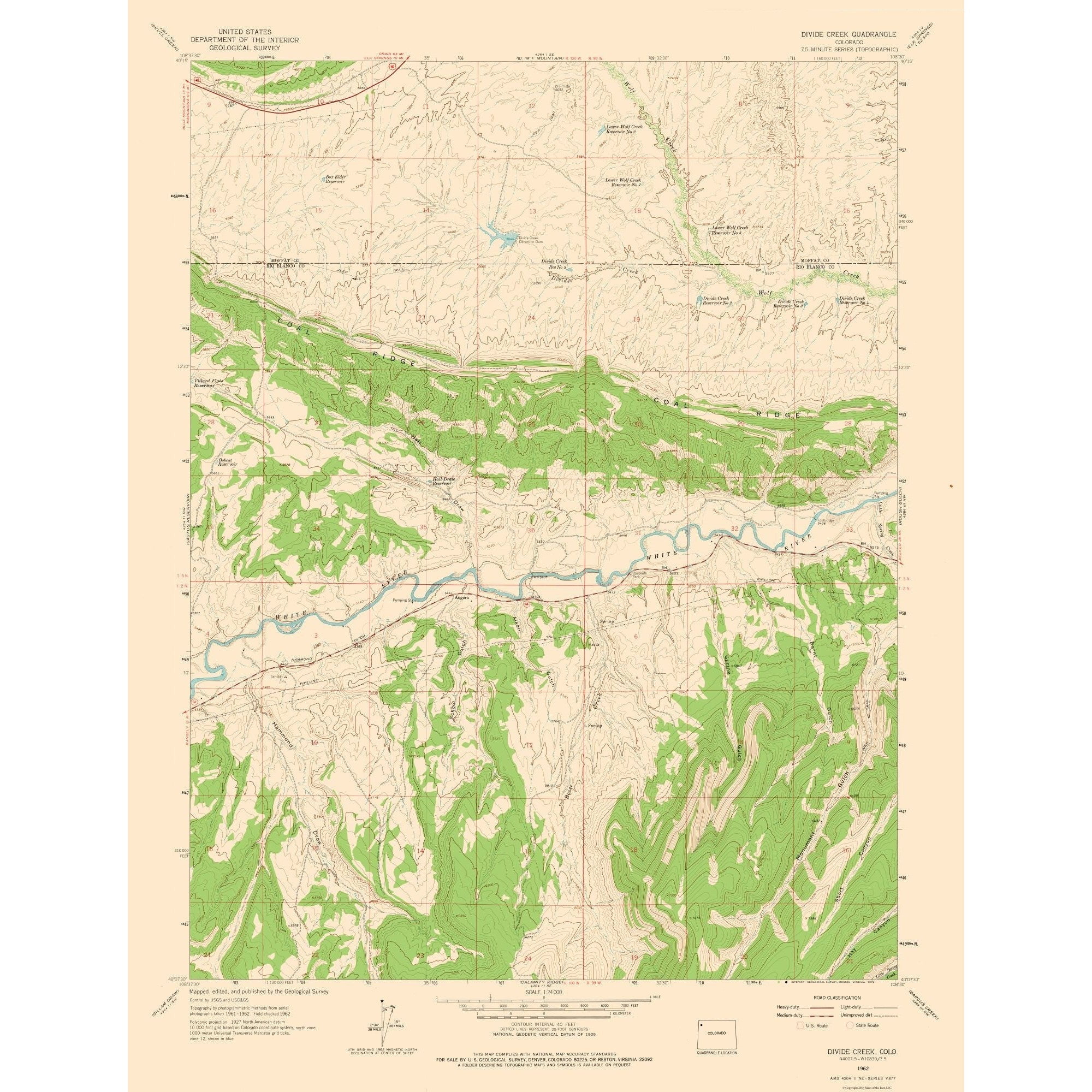 Topographical Map - Divide Creek Colorado Quad - USGS 1962 - 23 x 30.02 ...