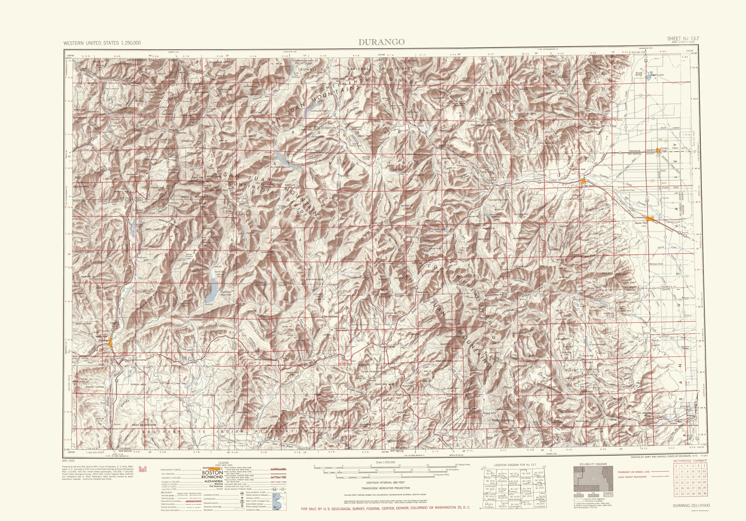 Topographical Map - Durango Colorado Sheet - USGS 1953 - 23 x 32.95 ...