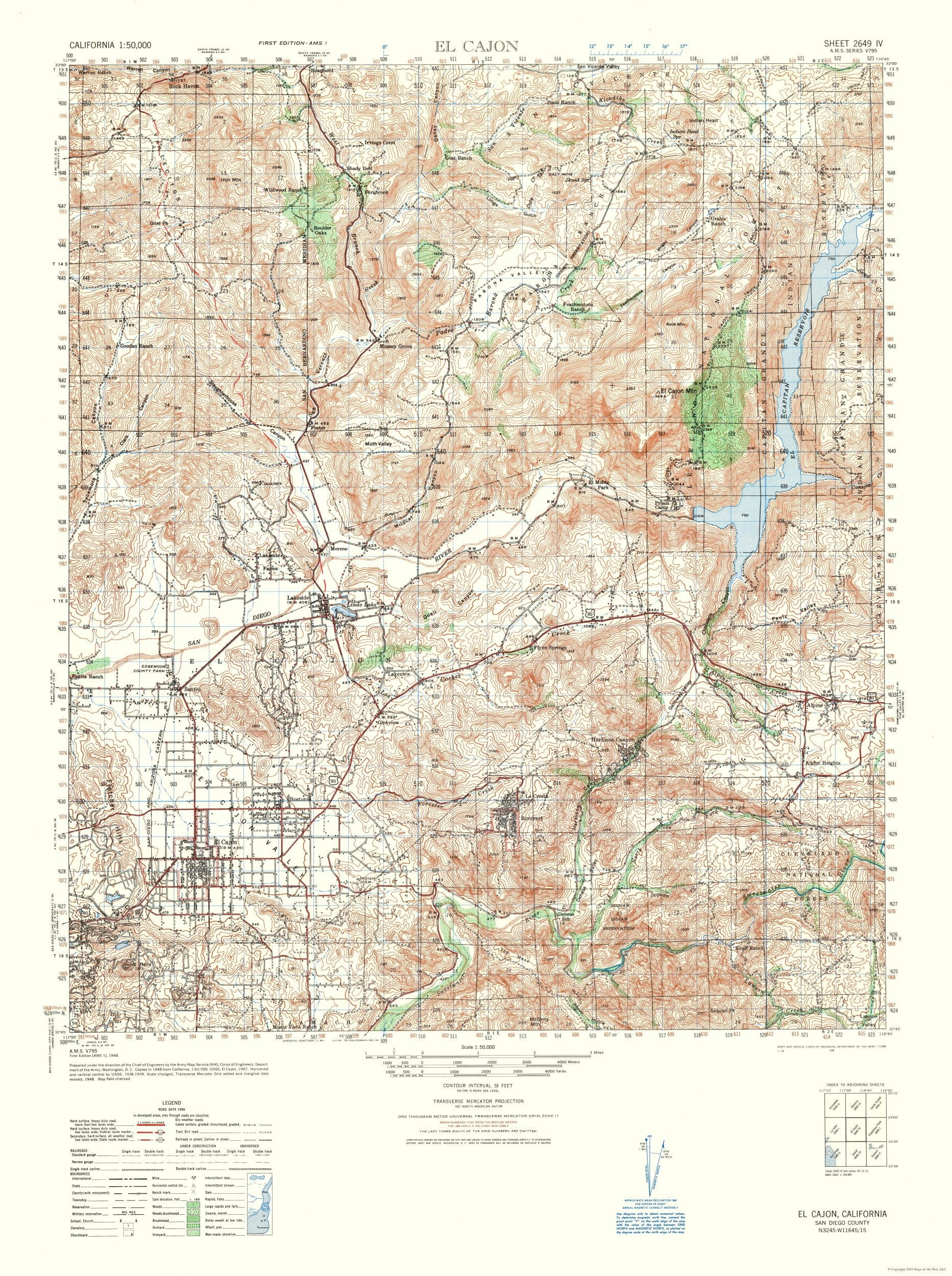 Topographical Map - El Cajon Sheet - US Army 1948 - 23 x 30.83 ...