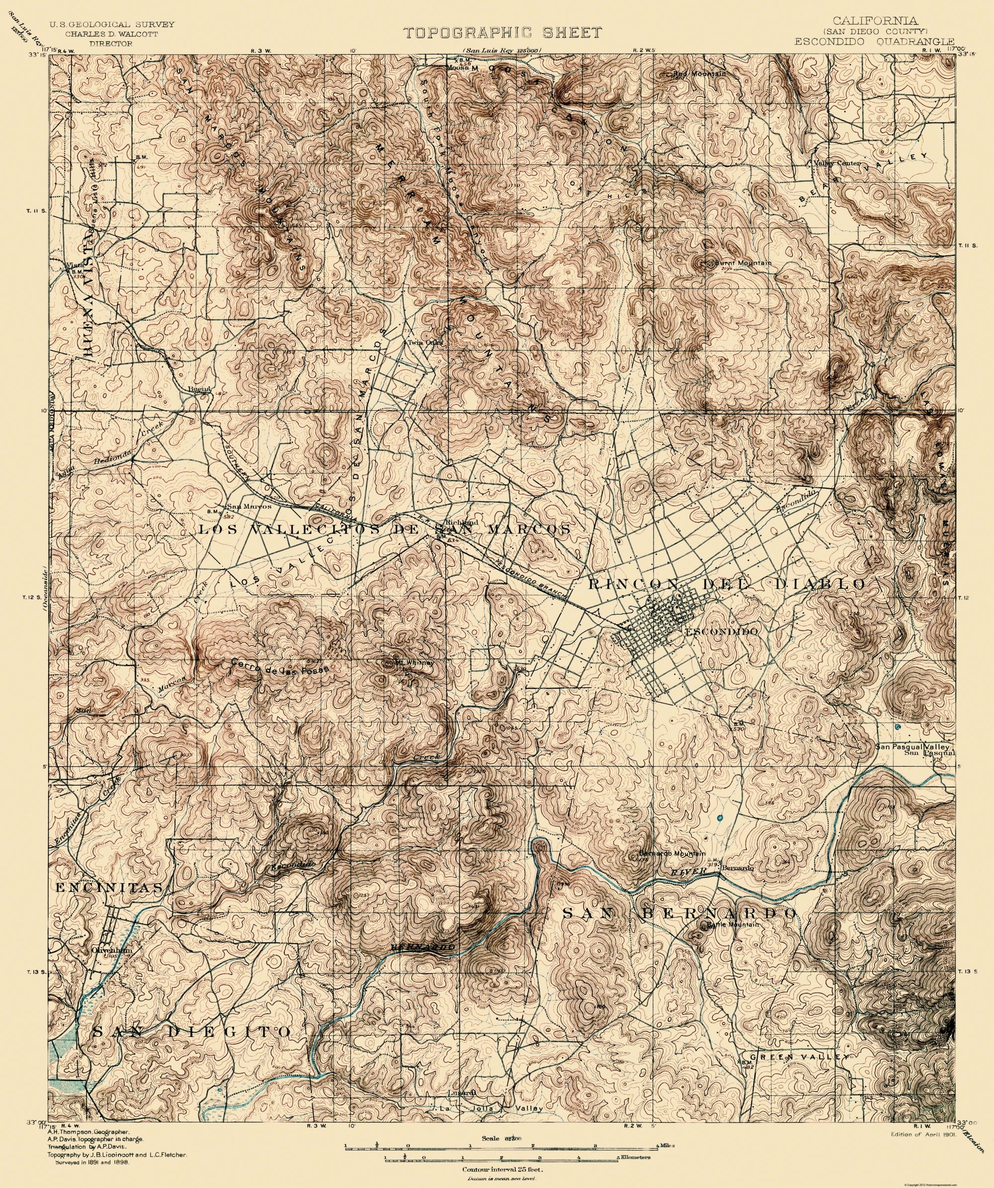 Topographical Map - Escondido California Quad - USGS 1901 - 23 x 27.5 - Vintage Wall Art ...