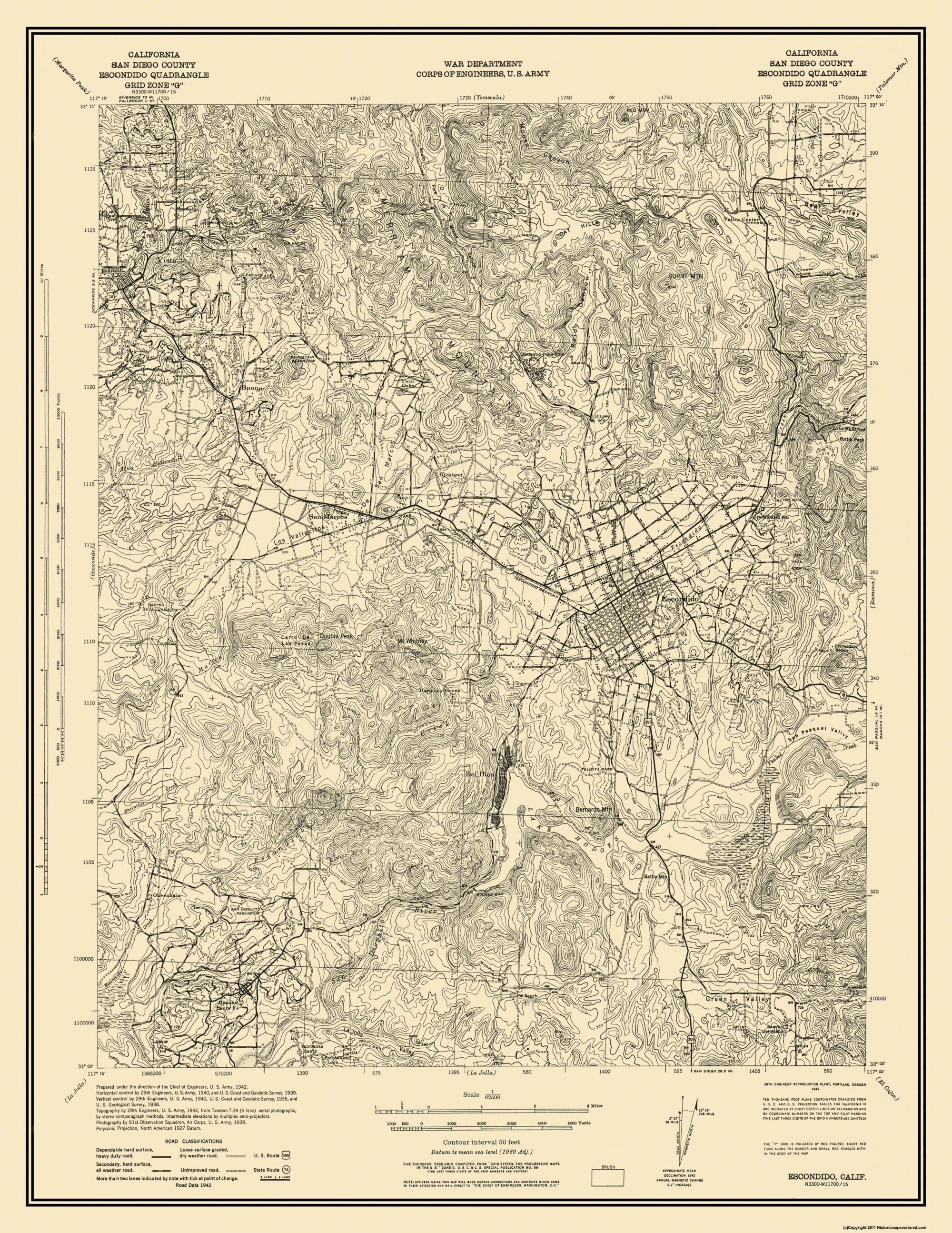 Topographical Map - Escondido California Quad - USGS 1942 - 23 x 29.75 ...
