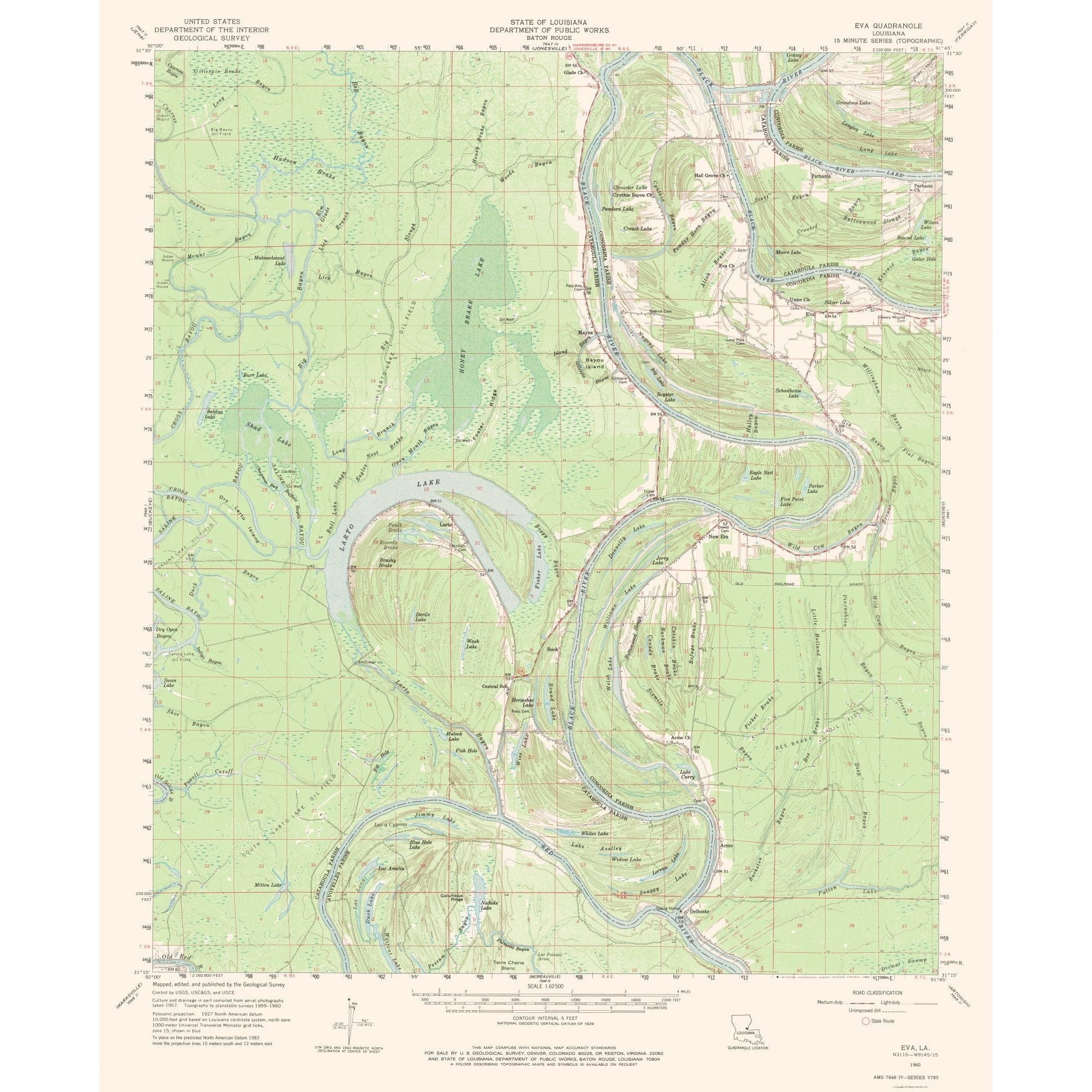 Topographical Map - Eva Louisiana Quad - USGS 1960 - 23 x 28.12 ...
