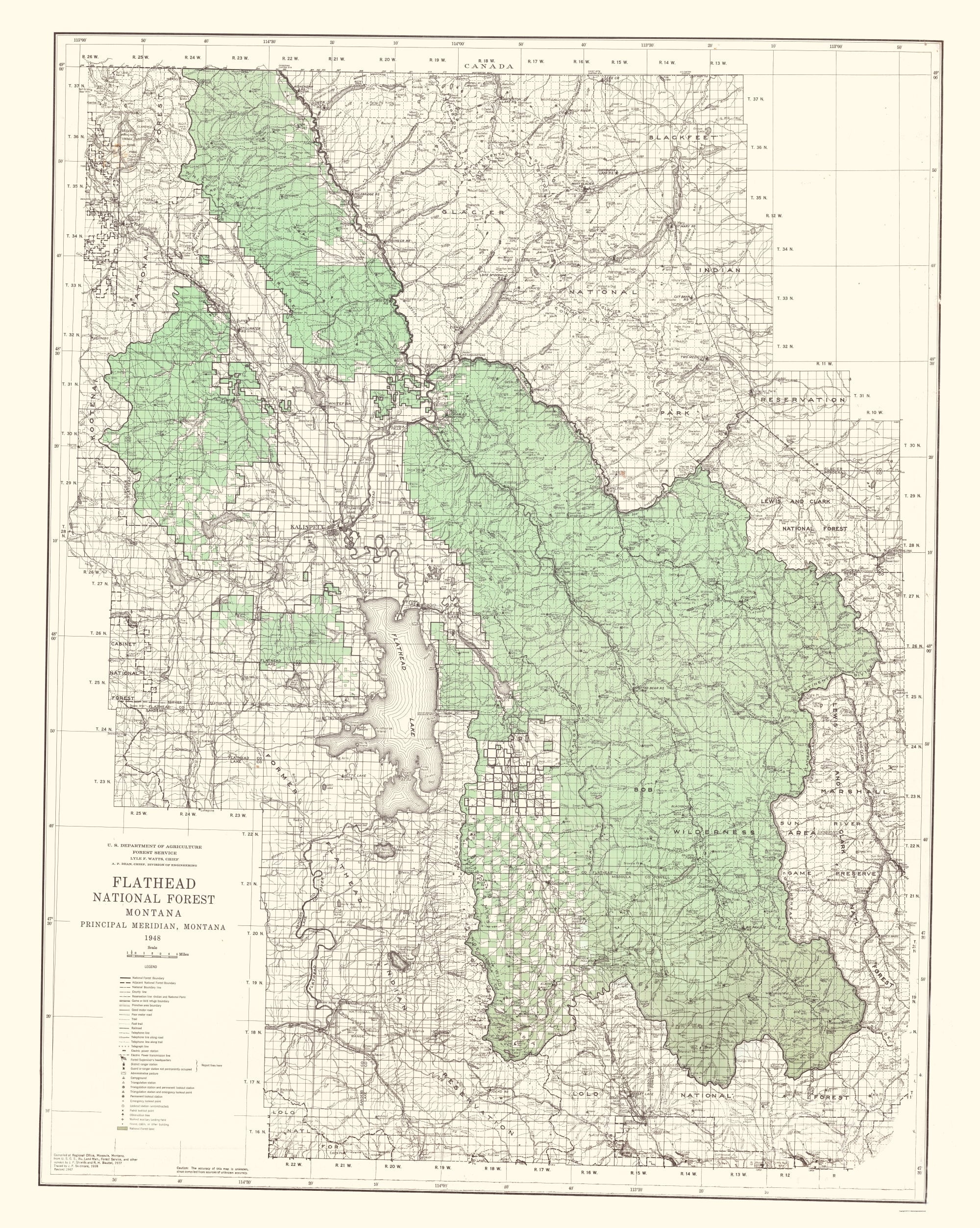 Topographical Map - Flathead National Forest Montana - USGS 1948 - 23 x ...