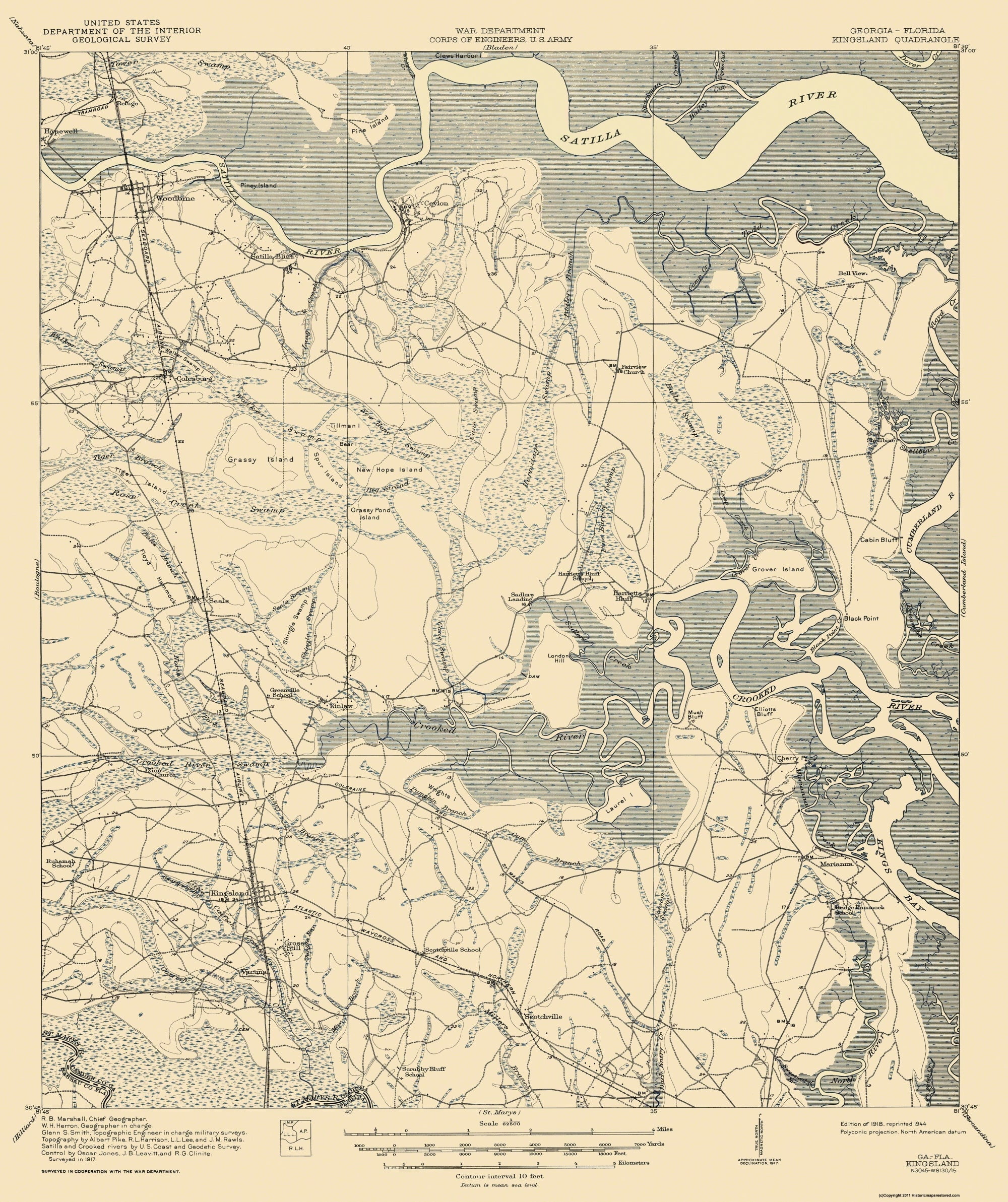 Topographical Map - Florida Georgia Kingsland Quad - USGS 1918 - 23 x 27.43 - Vintage Wall Art ...