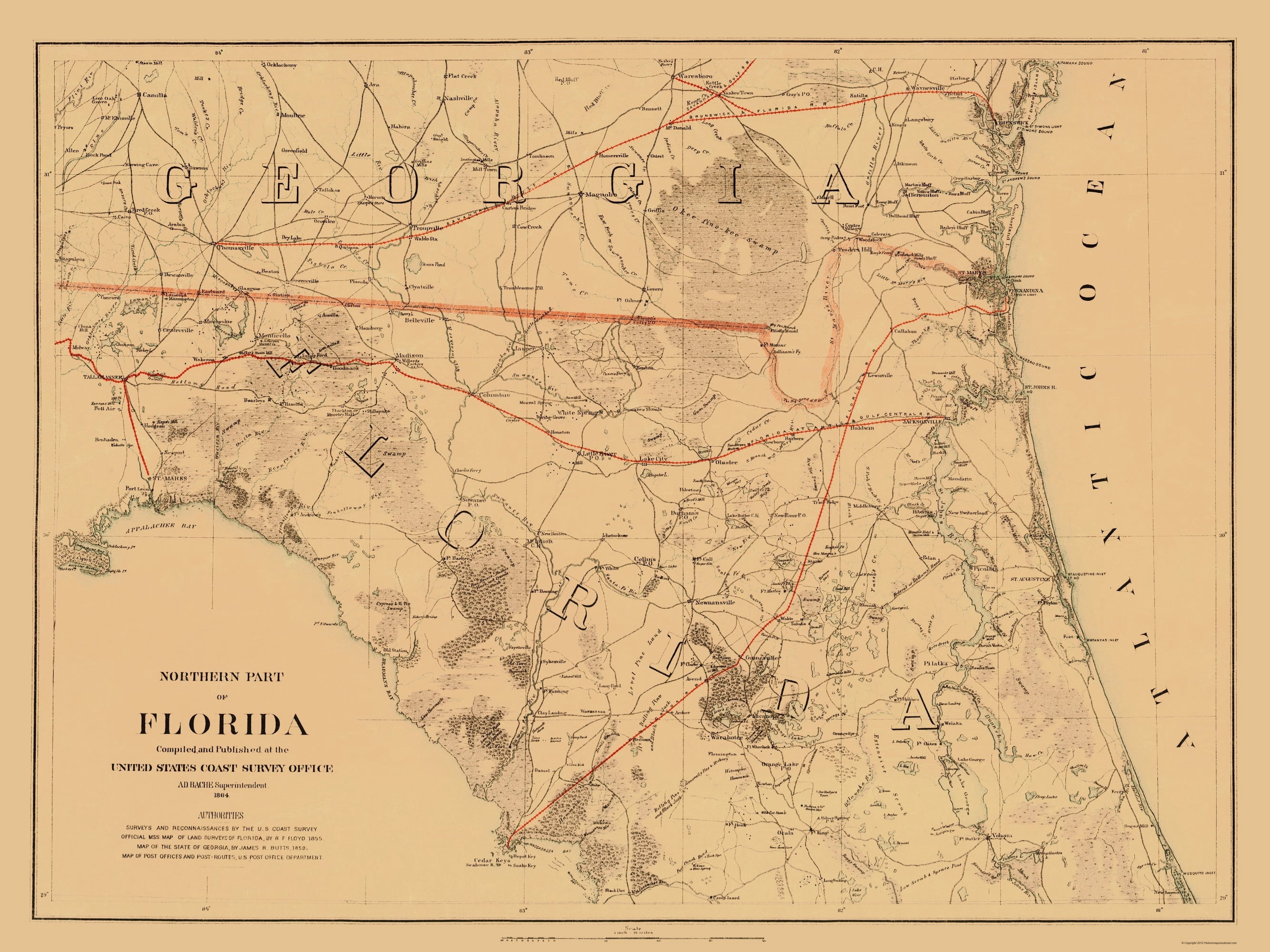 Topographical Map - Florida North - Bache 1864 - 23 x 30.69 - Vintage ...