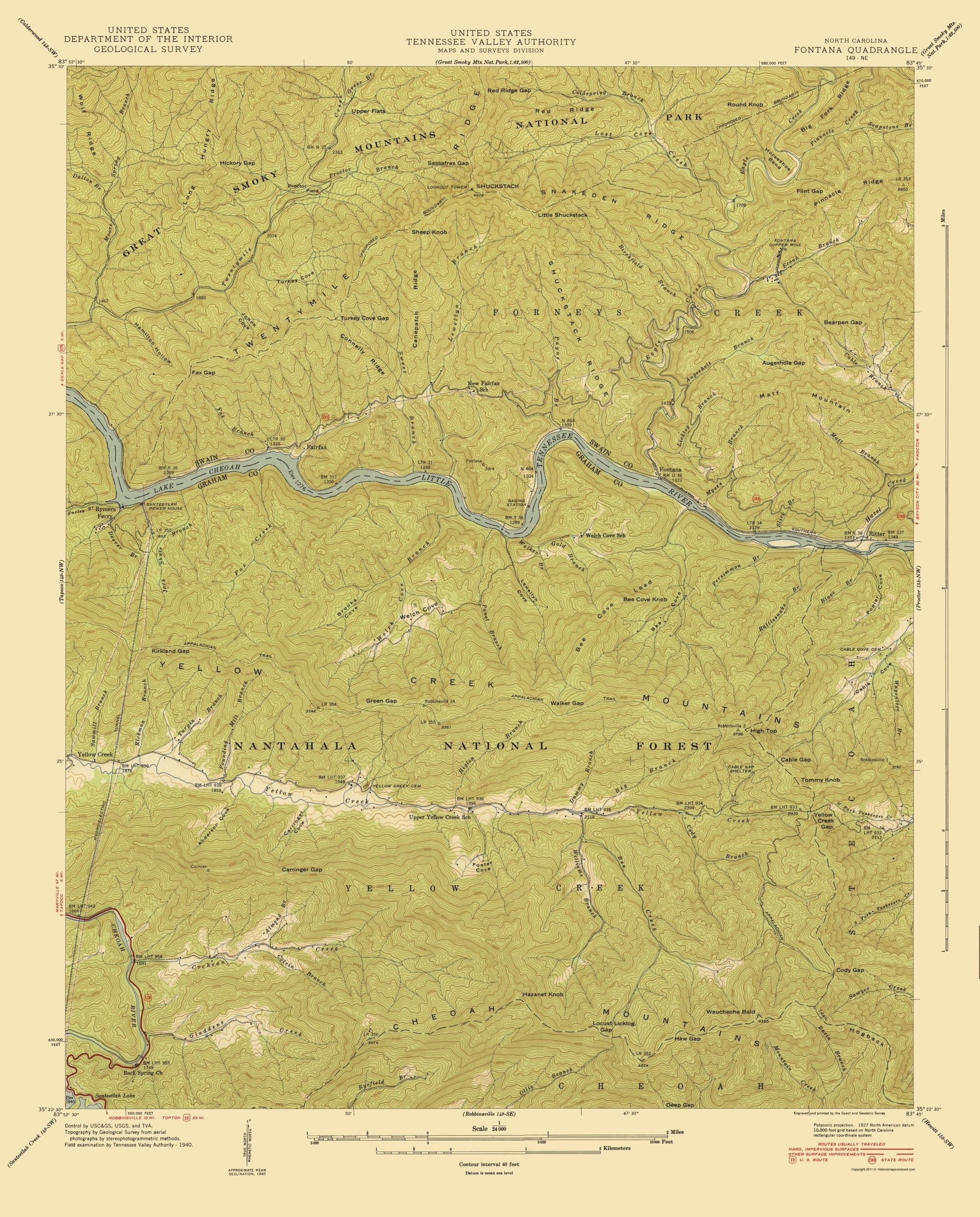 Topographical Map - Fontana North Carolina Quad - USGS 1940 - 23 x 28. ...