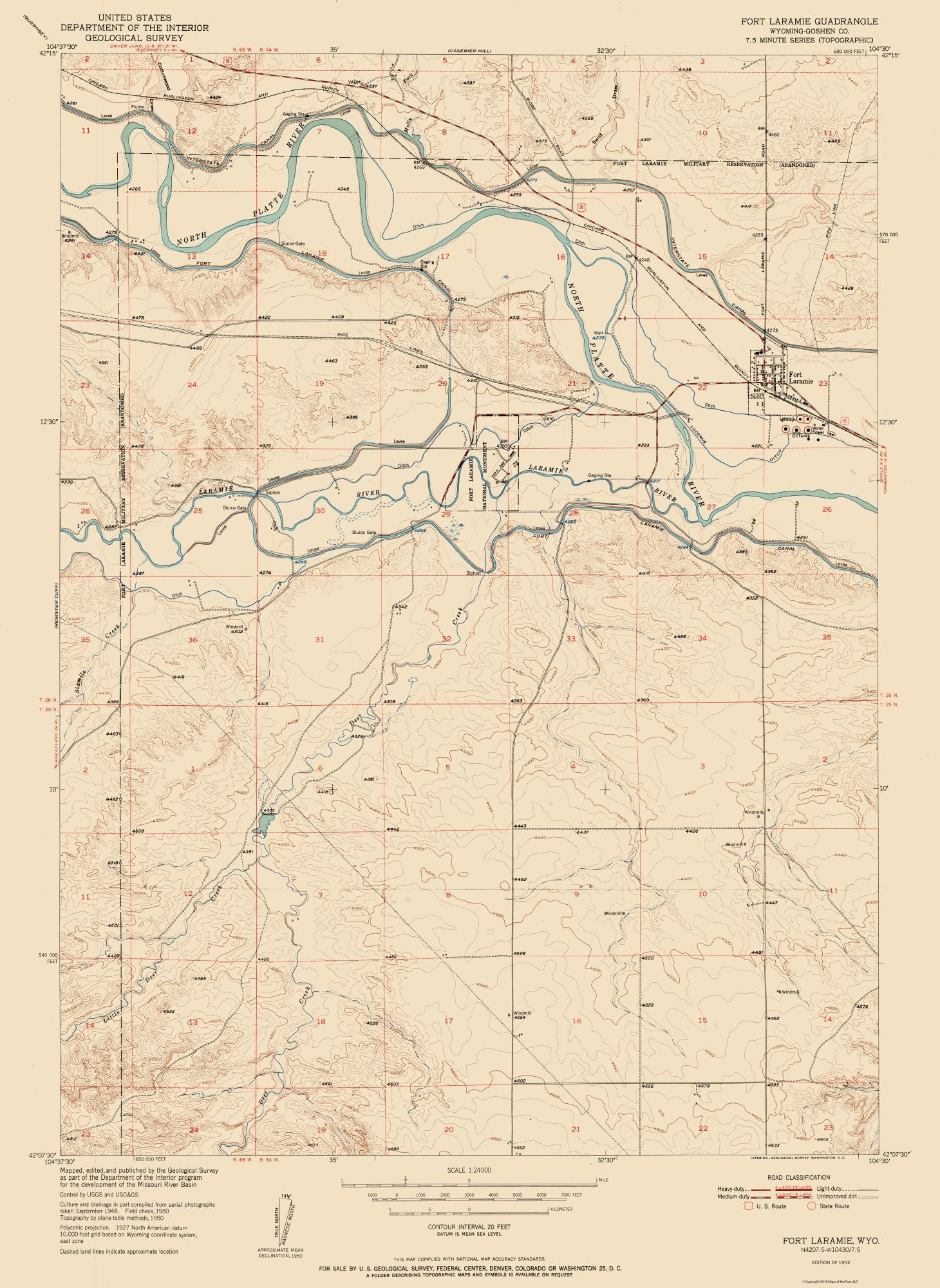 Topographical Map - Fort Laramie Wyoming Quad - USGS 1952 - 23 x 31.50 ...