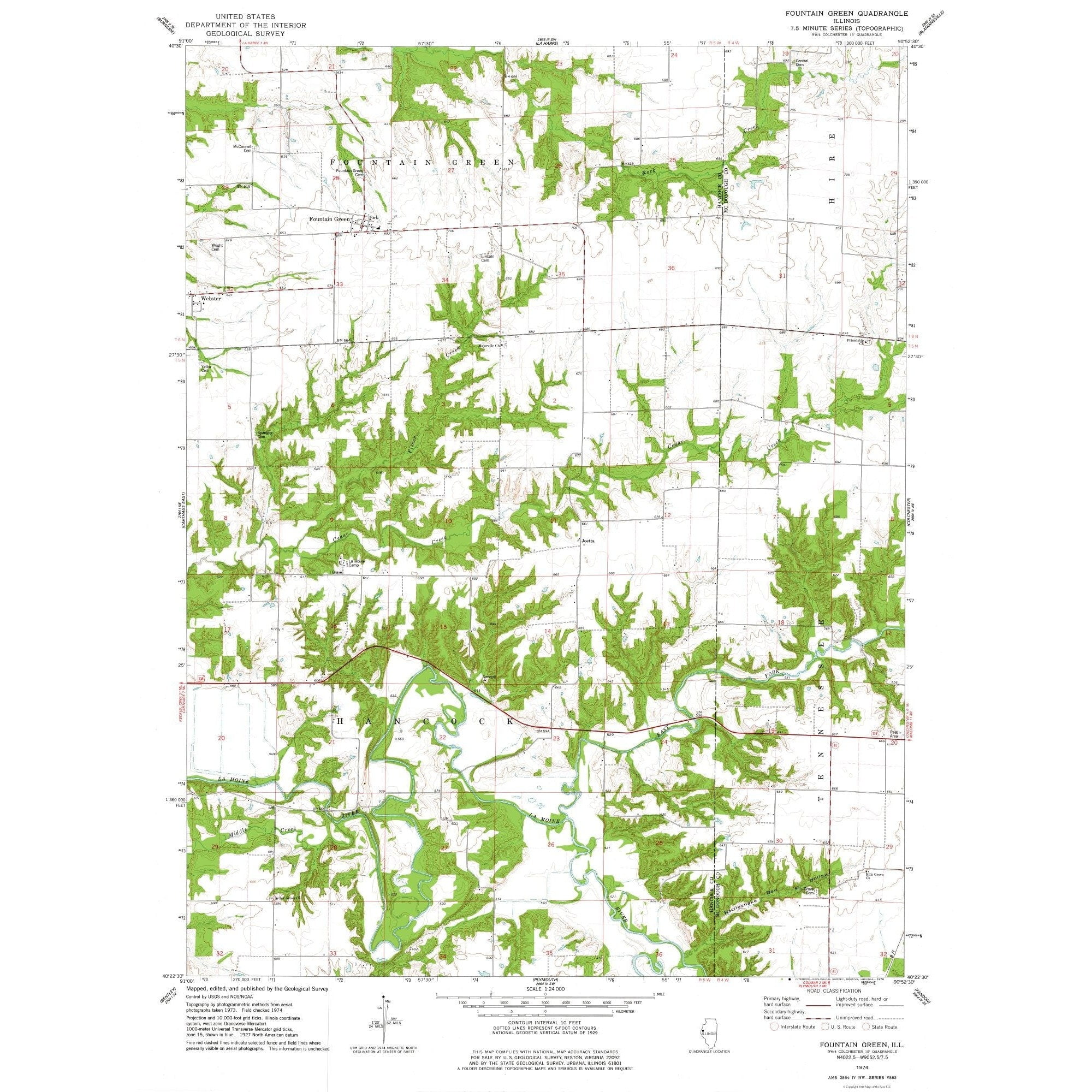 Topographical Map - Fountain Green Illinois Quad - USGS 1974 - 23 x 30. ...