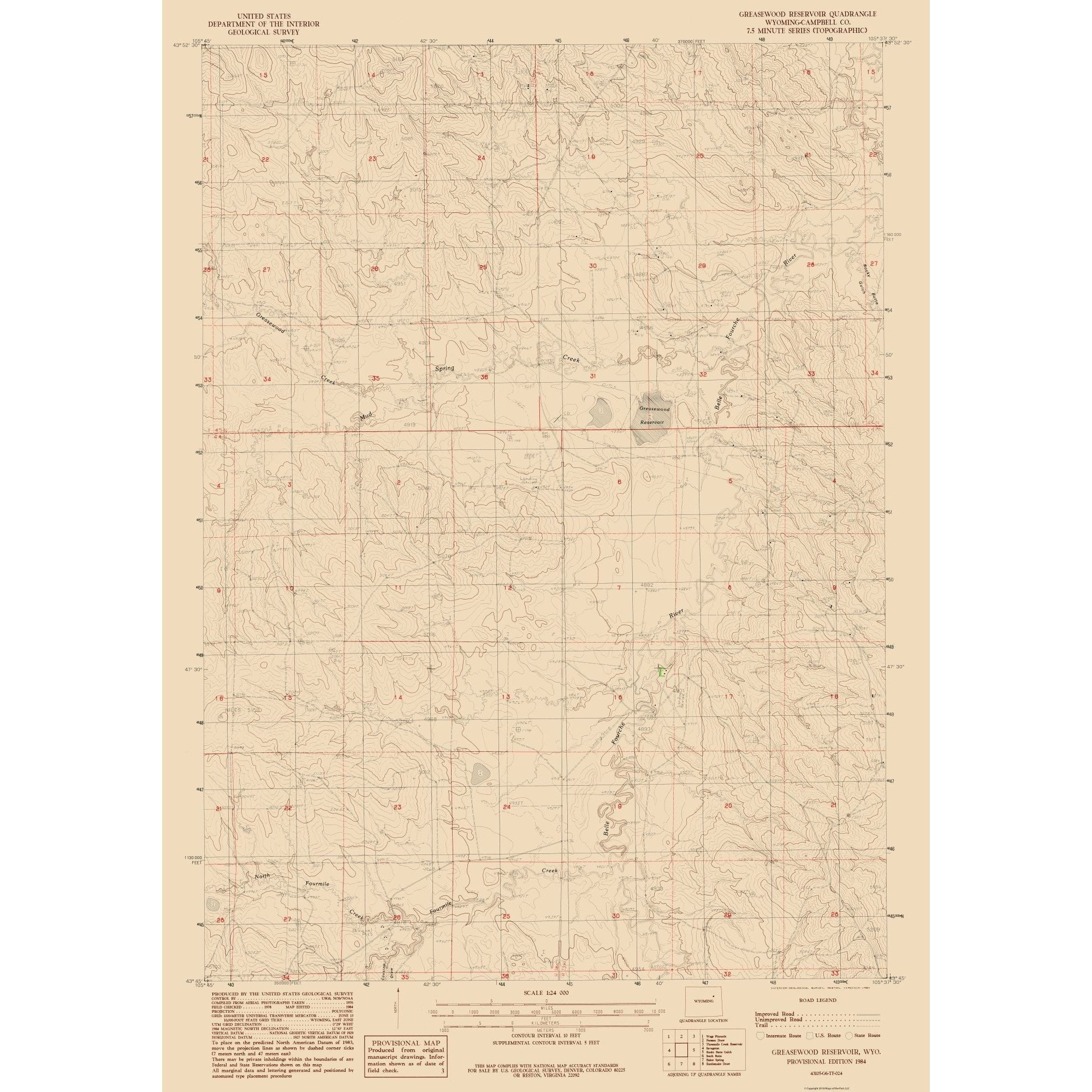 Topographical Map - Greasewood Reservoir Wyoming Quad - USGS 1984 - 23 ...