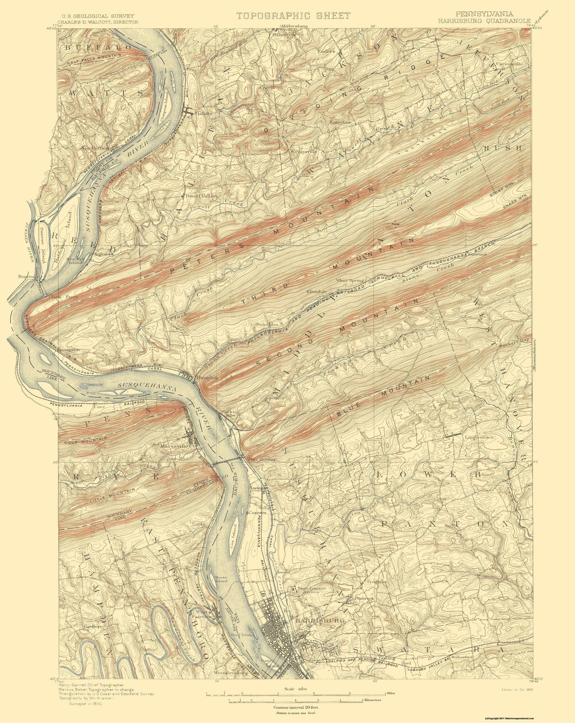 Topographical Map - Harrisburg Pennsylvania Quad - USGS 1899 - 23 x 28. ...