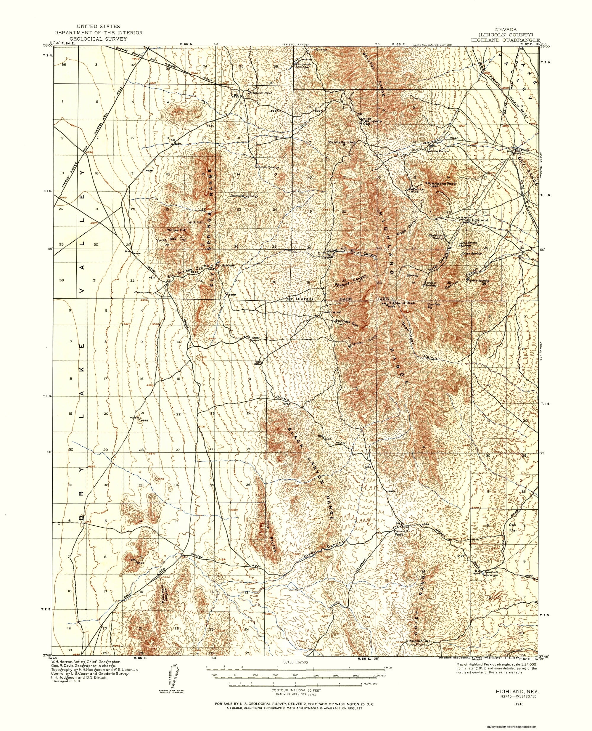 Topographical Map - Highland Nevada Quad - USGS 1913 - 23 x 28.38 ...