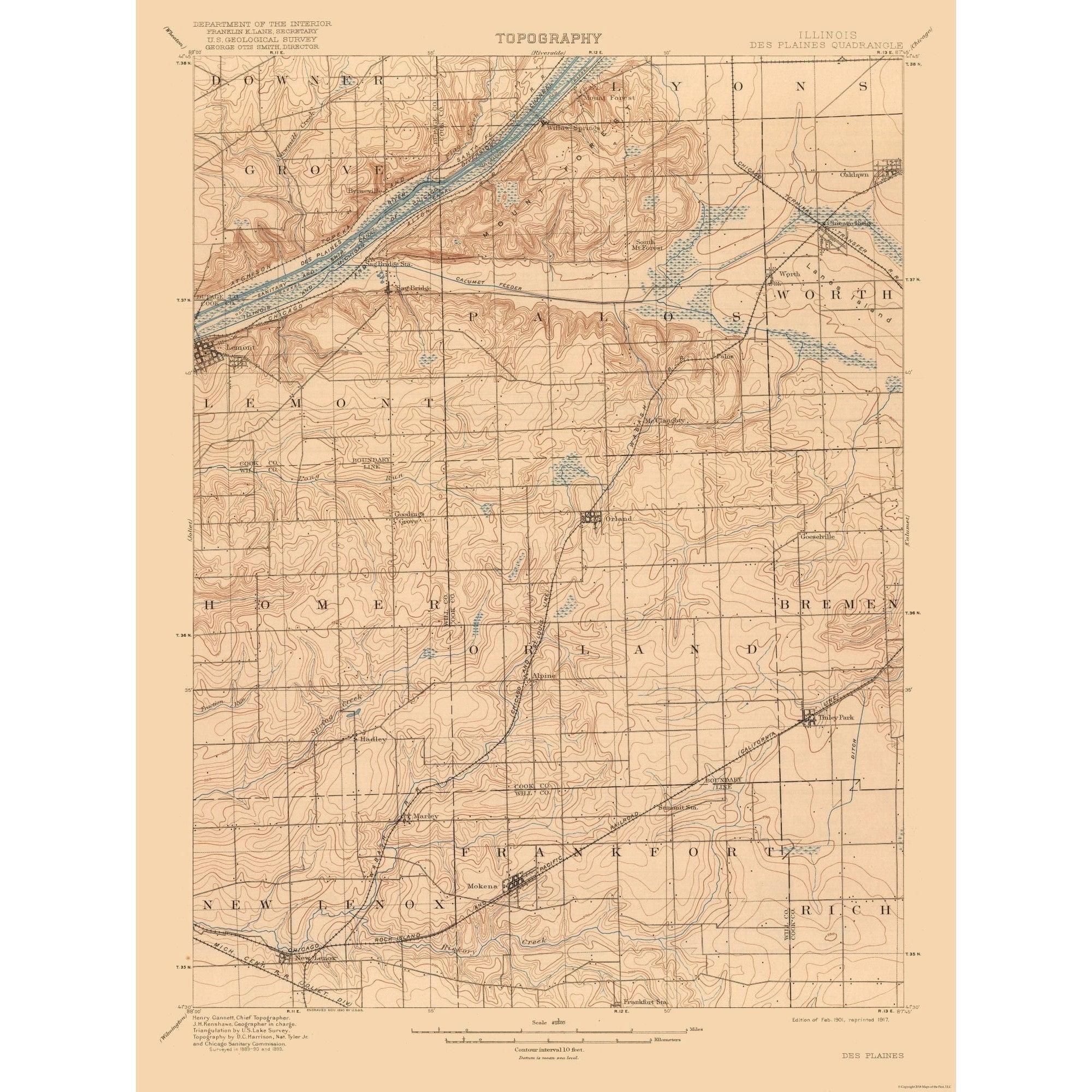Topographical Map - Illinois des Planes Quad - USGS 1917 - 23 x 30.62 ...