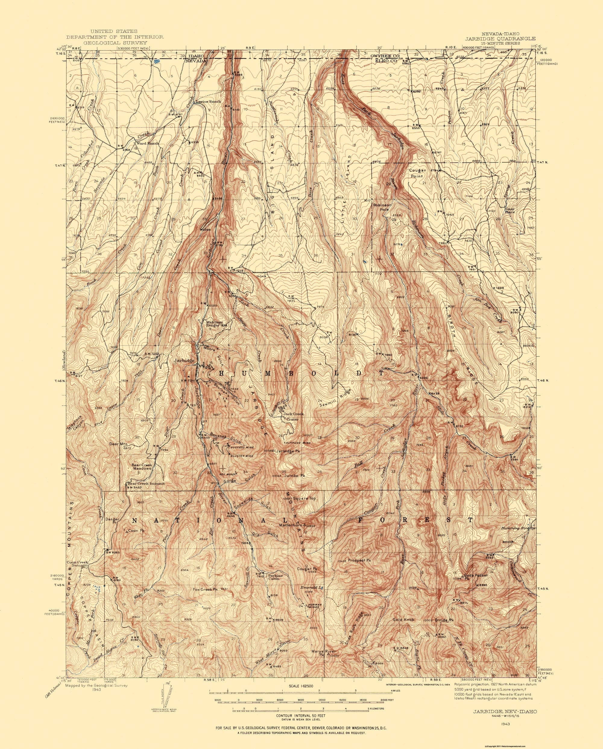 Topographical Map - Jarbidge Nevada Idaho Quad - USGS 1943 - 23 x 28.57 ...