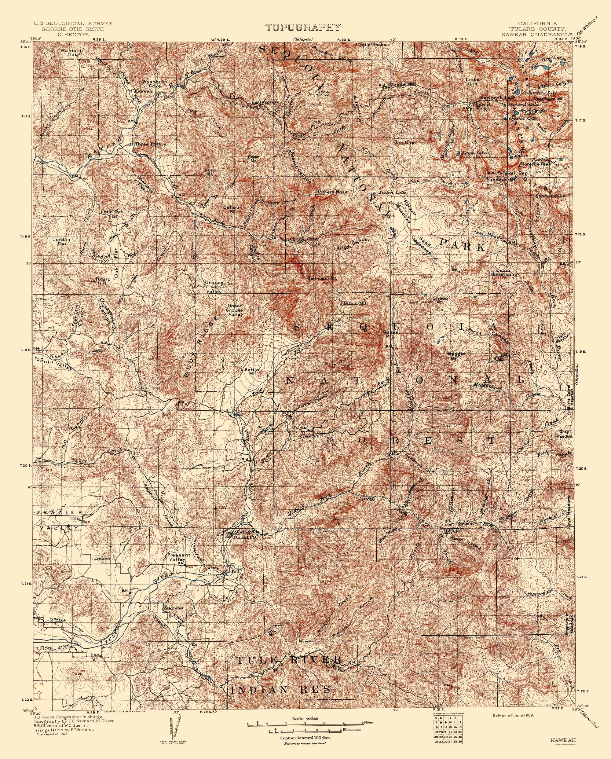 Topographical Map - Kaweah California Quad - USGS 1909 - 23 x 28.56 ...
