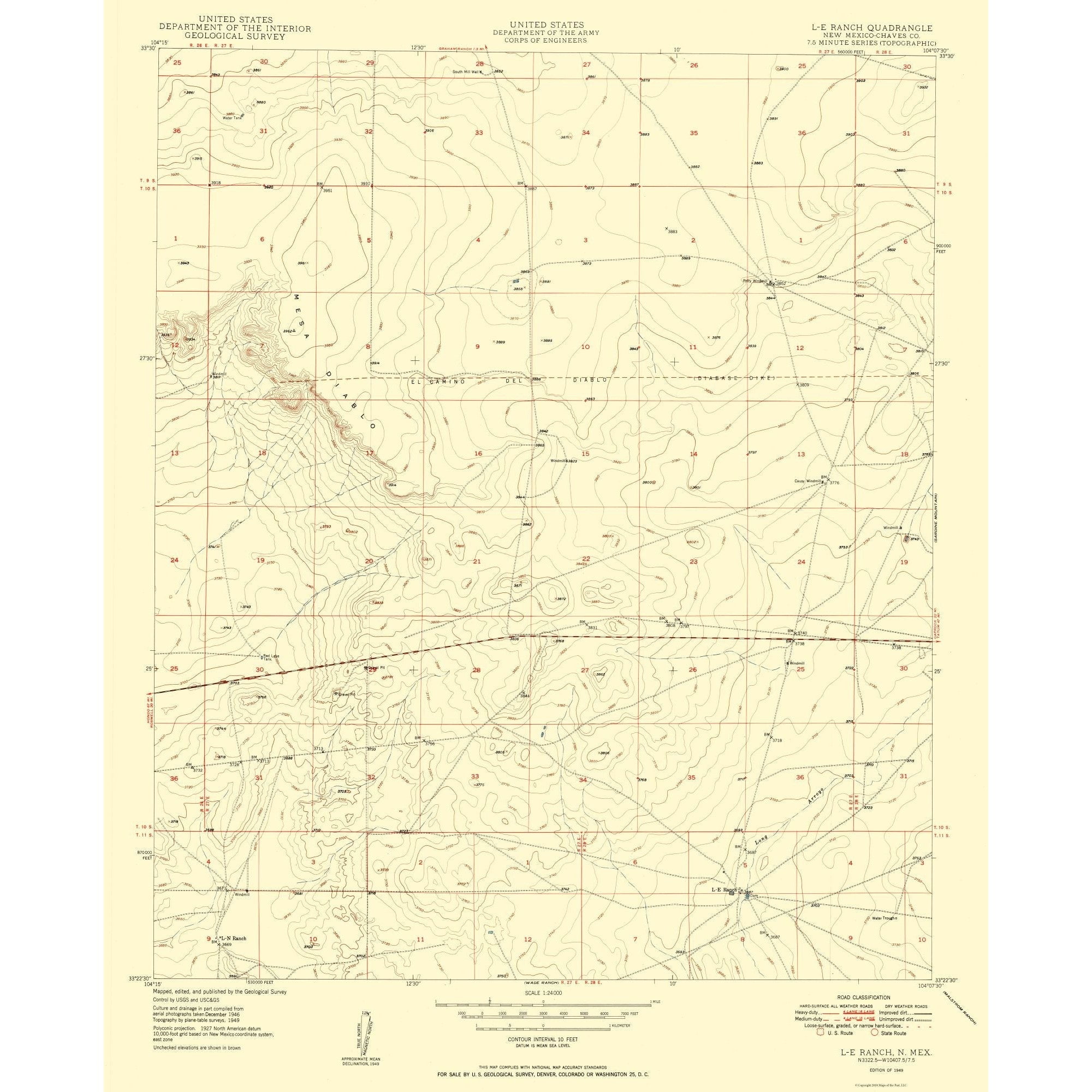 Topographical Map - LE Ranch Chaves County New Mexico Quad - USGS 1949 ...