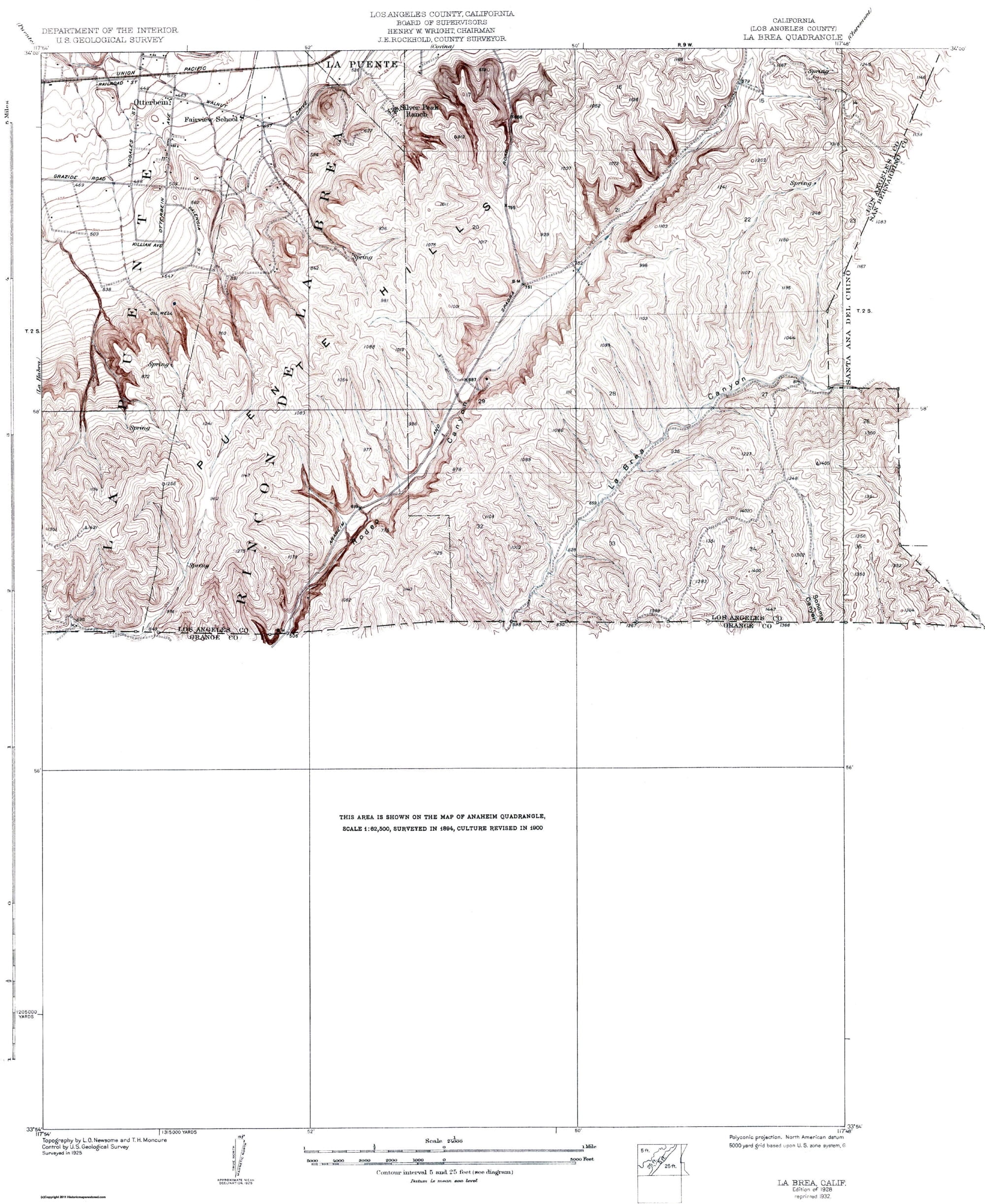 Topographical Map - La Brea California Quad - USGS 1928 - 23 x 28.73 ...