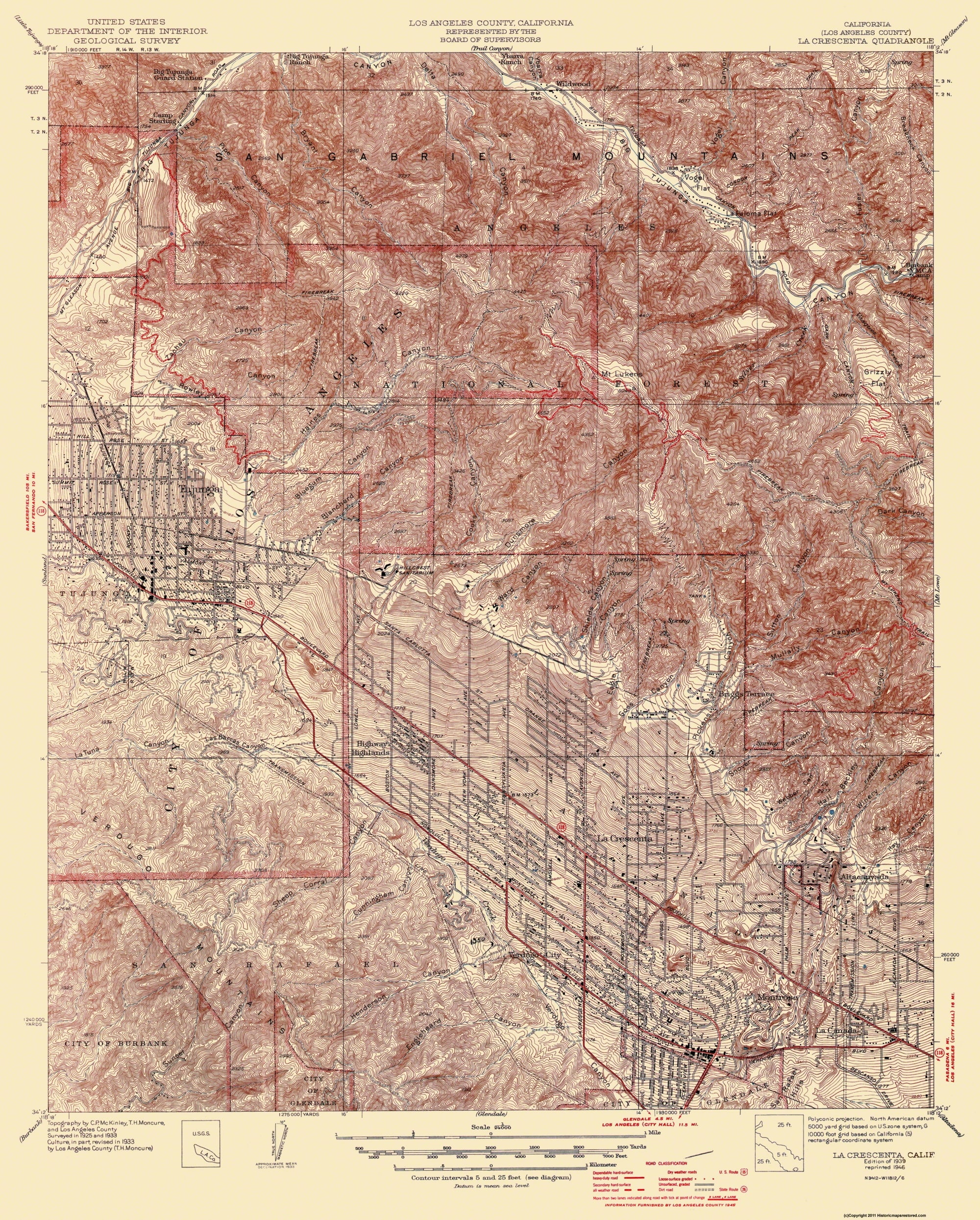 Topographical Map - La Crescenta California Quad - USGS 1939 - 23 x 28. ...