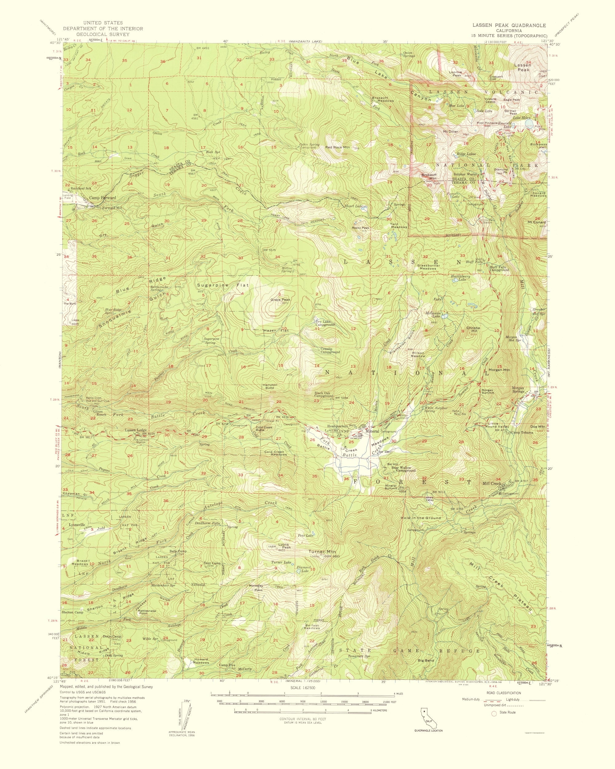 Topographical Map - Lassen Peak California Quad - USGS 1956 - Vintage ...