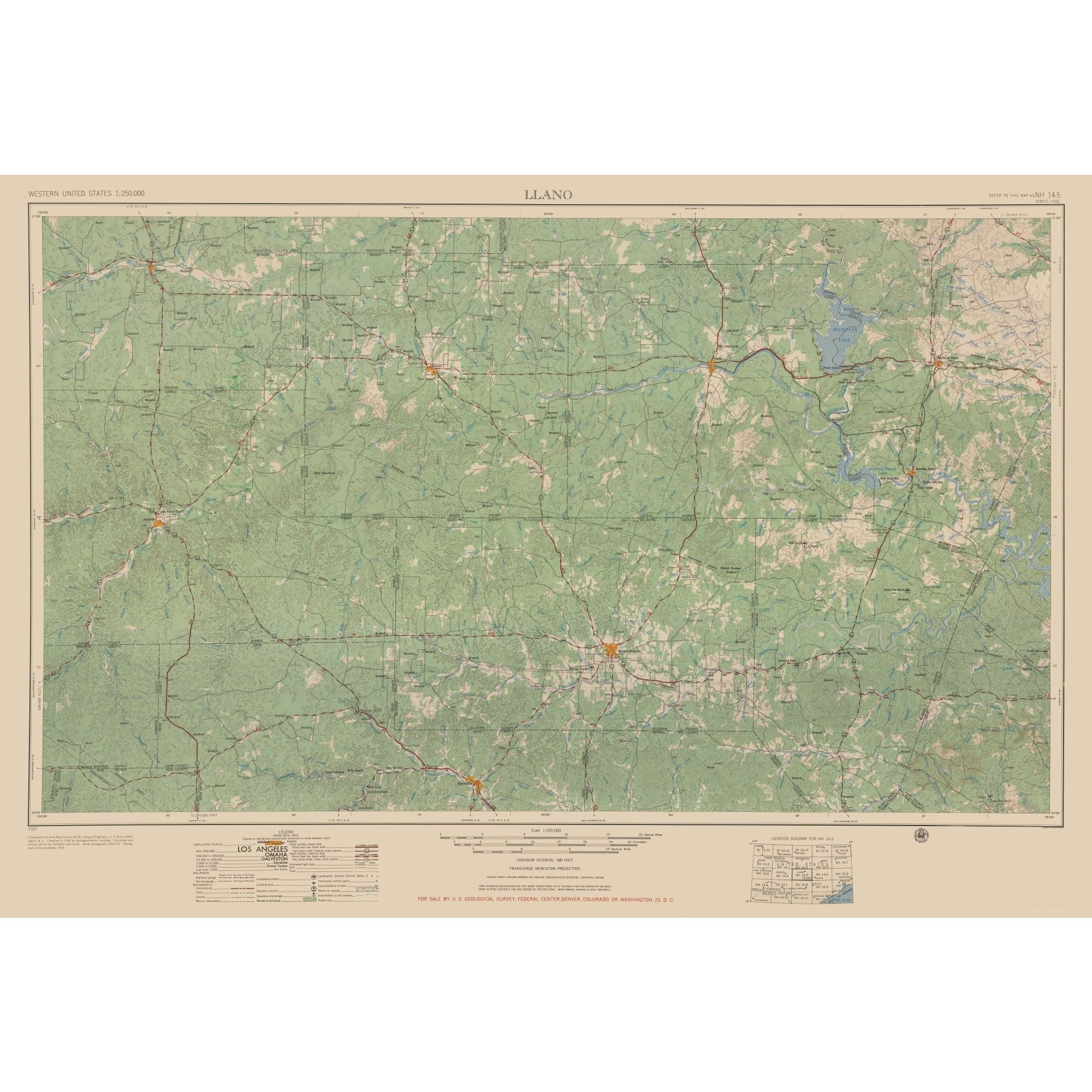 Topographical Map - Llano Texas Quad - USGS 1954 - 33.80 x 23 - Vintage ...