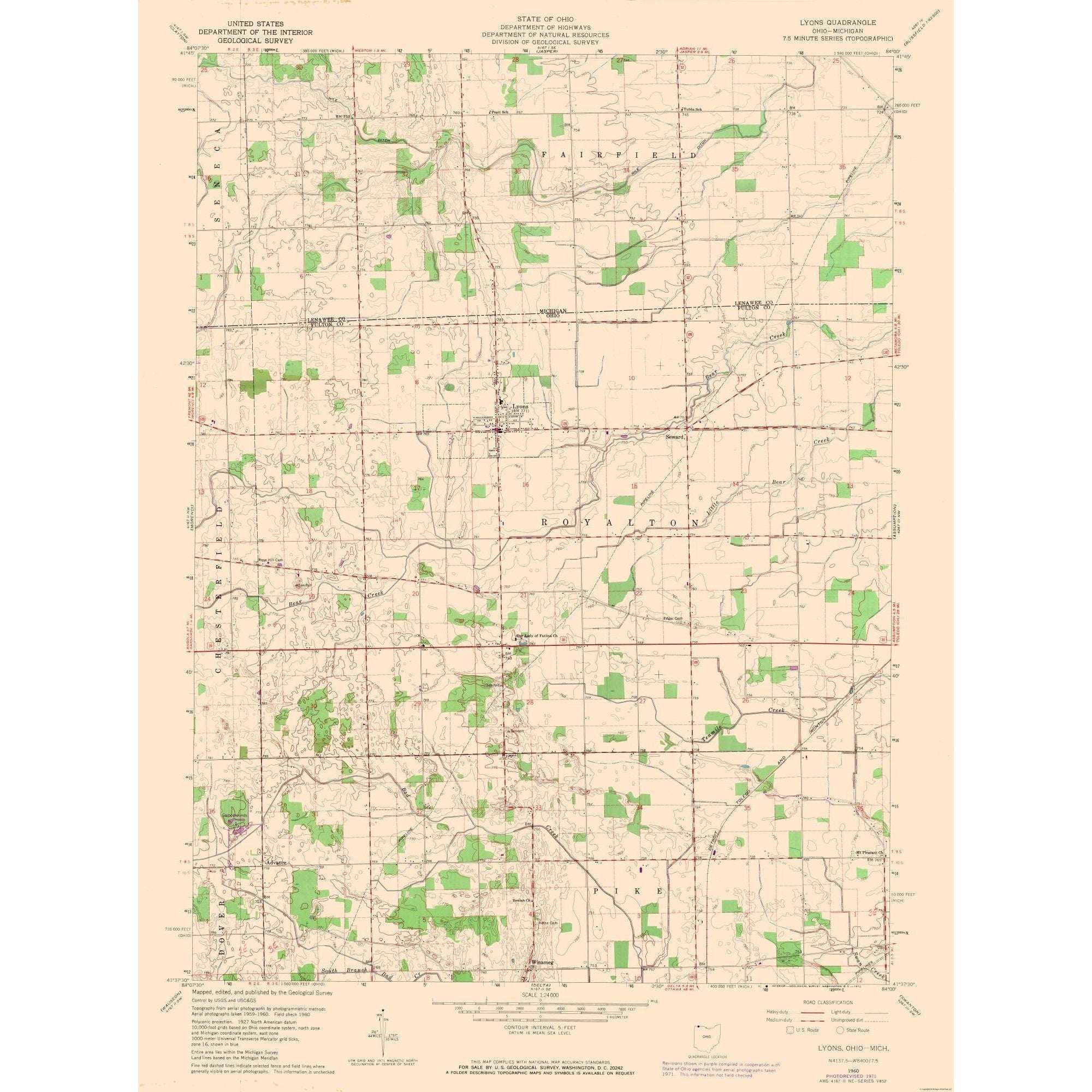 Topographical Map - Lyons Ohio Quad - USGS 1960 - 23 x 30.78 - Vintage ...
