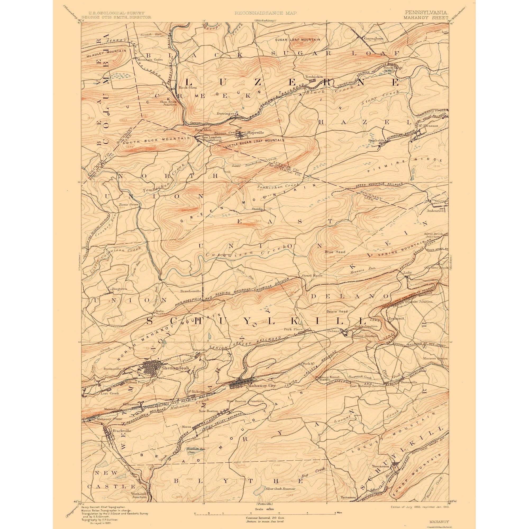 Topographical Map - Mahanoy Pennsylvania Sheet - USGS 1893 - Vintage ...