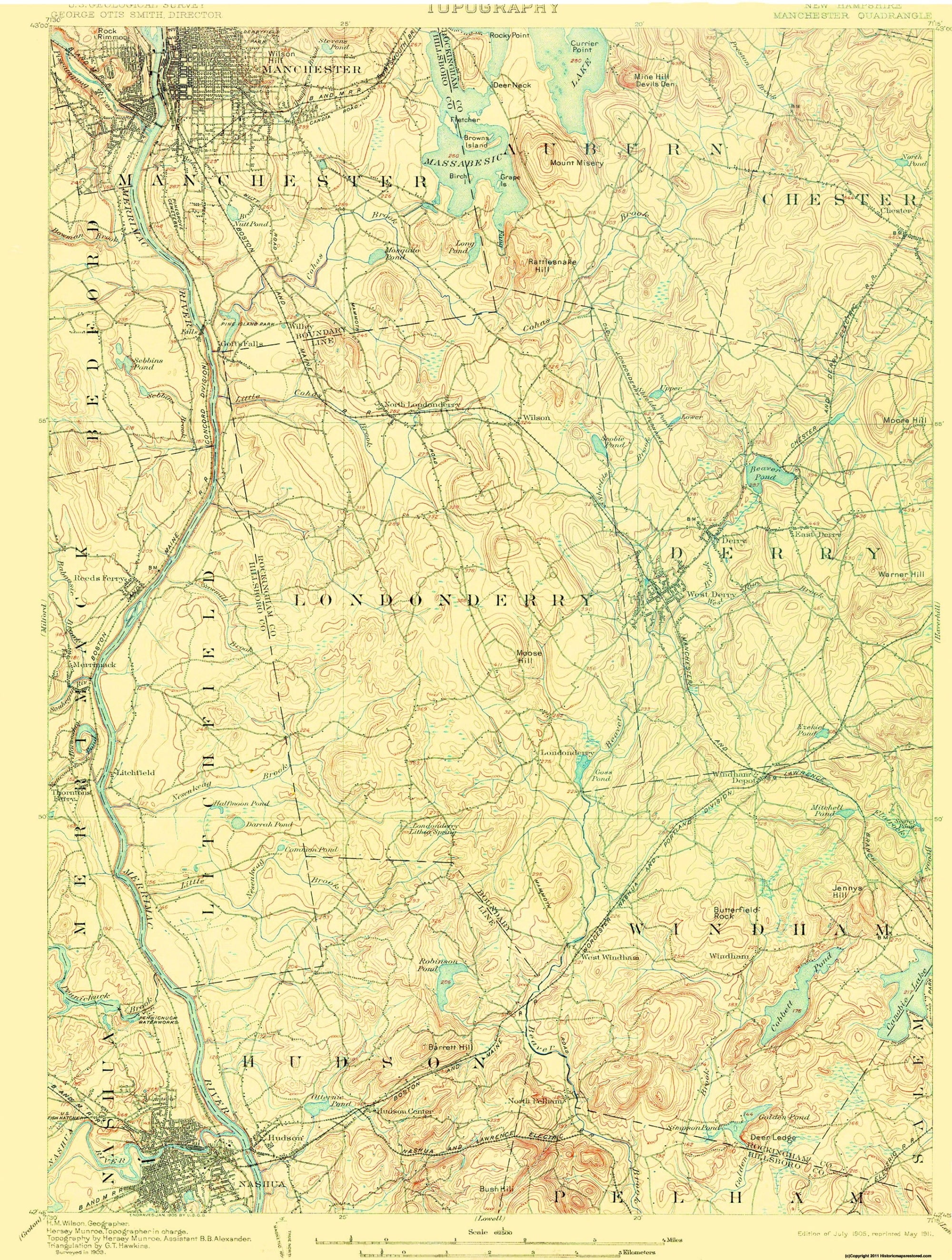 Topographical Map - Manchester New Hampshire Quad - USGS 1905 - Vintage ...